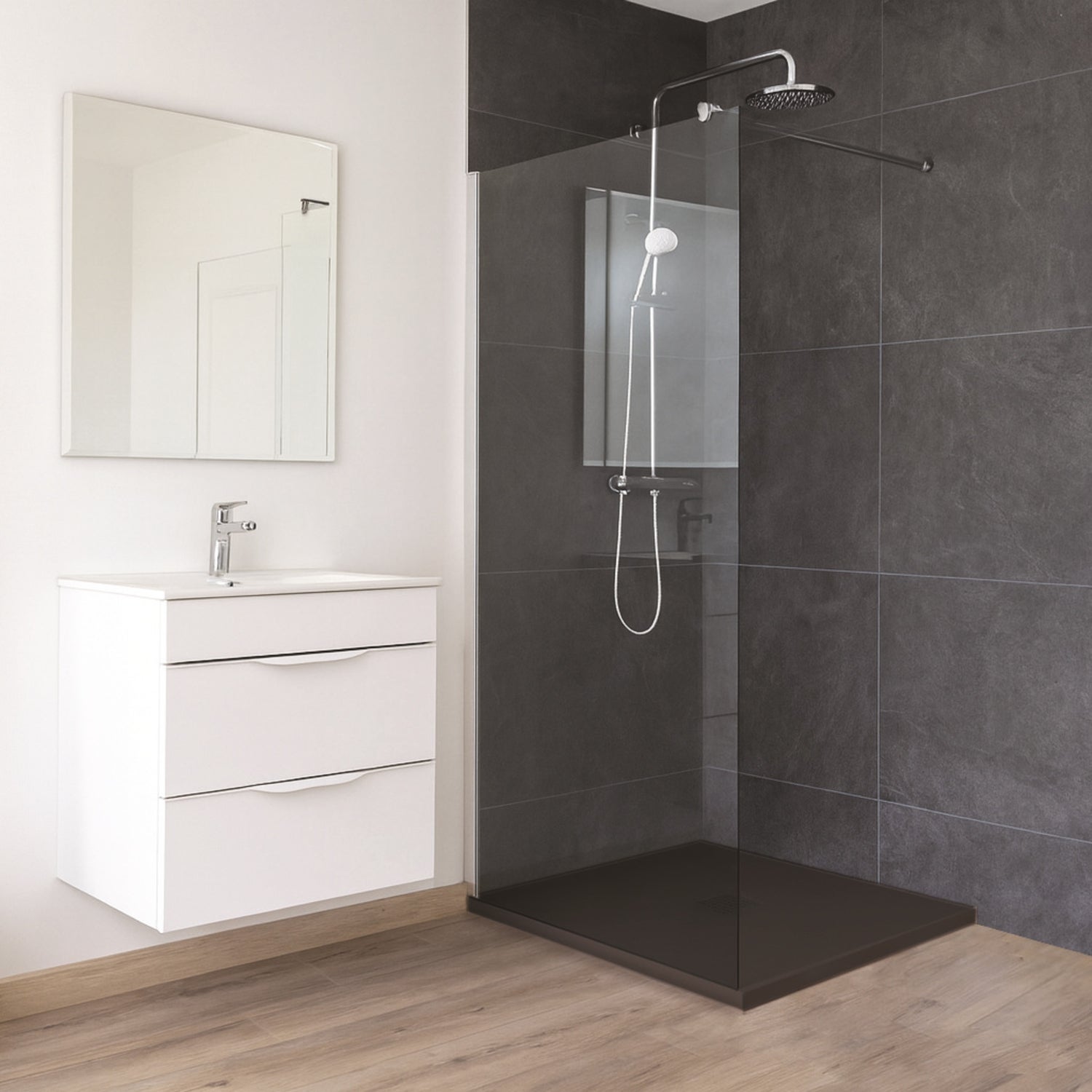 Plato de ducha NARA - 90x90 cm - textura pizarra - negro - con desag¸e ...