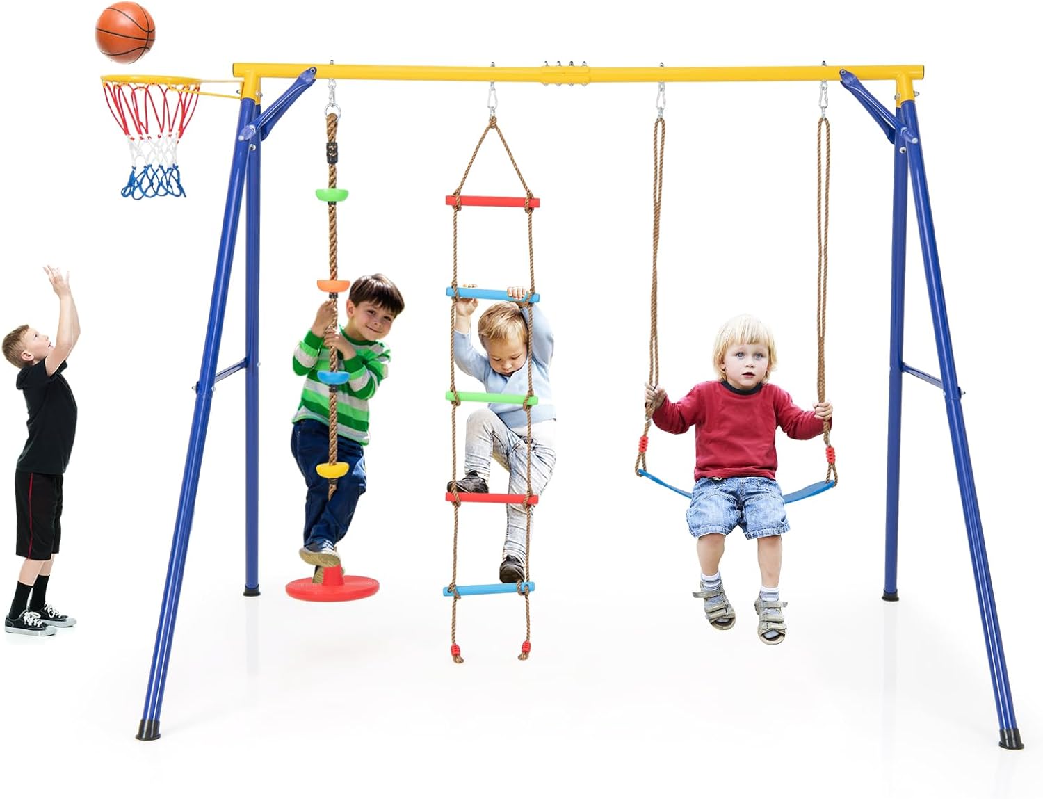 Portique Balançoire Exérieur Enfants 3-9 Ans avec Nid/Panier de Basket ...