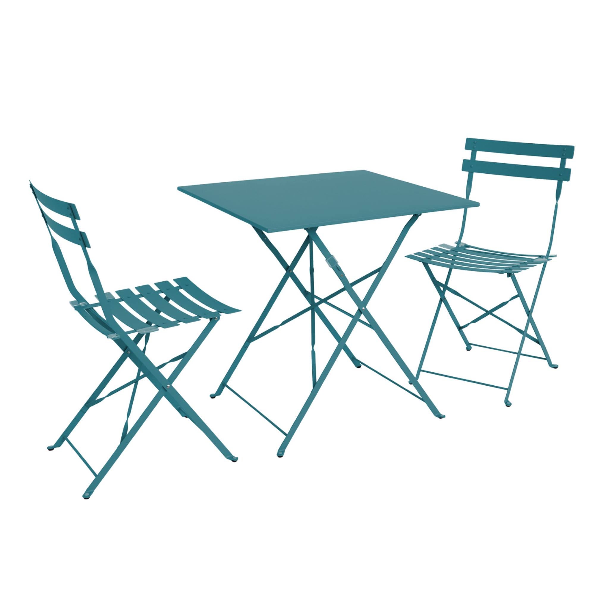 Table de jardin bistrot pliante métal + 2 assises bleu canard 70 x 70cm ...