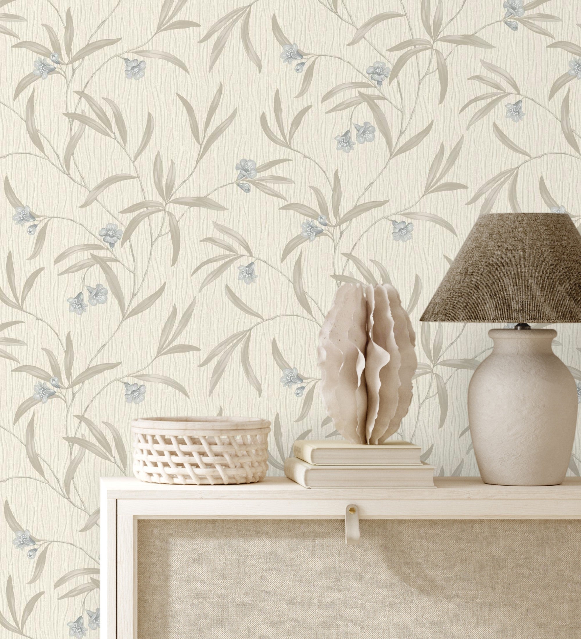 Papier peint vinyle fleurs bleues et feuilles grises en relief avec ...