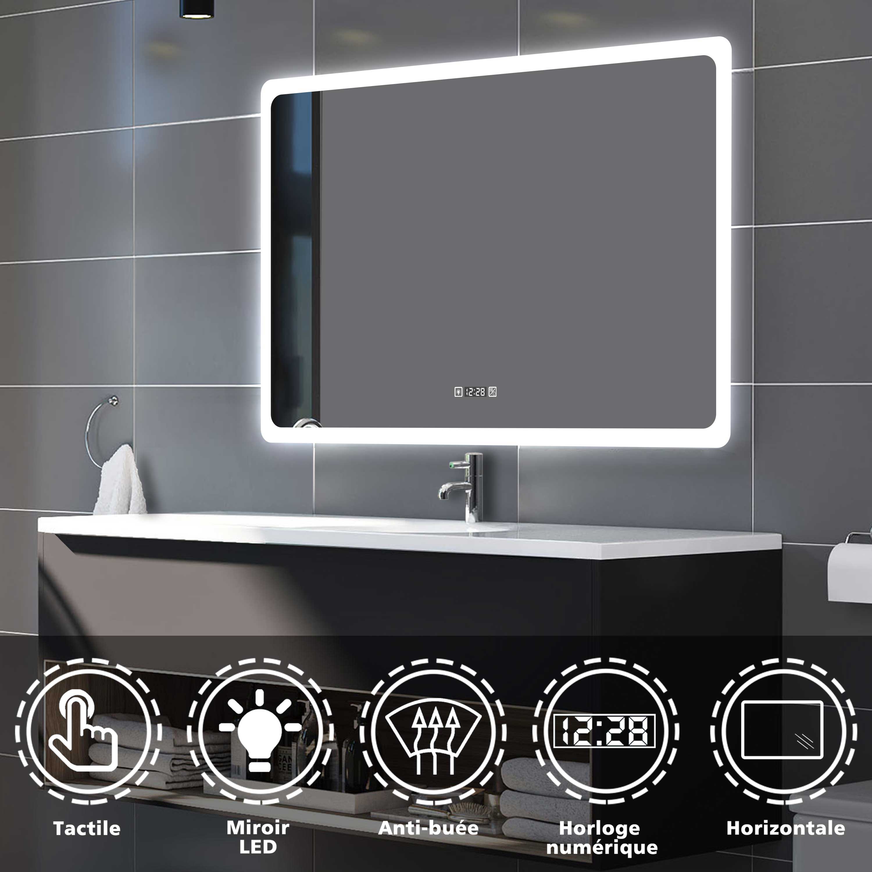 Miroir lumineux avec éclairage intégré, Miroir de salle de bain anti ...
