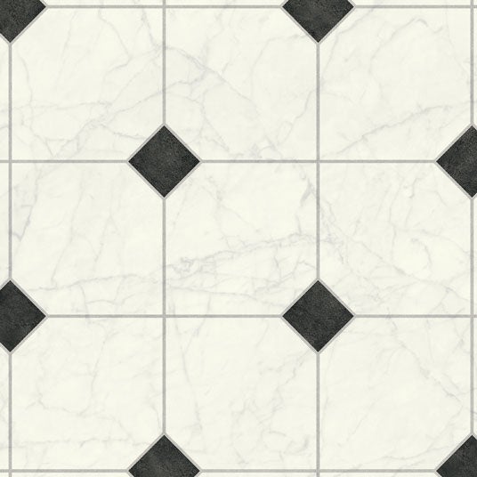 Sol Lino Silence - Aspect carrelage marbre blanc et cabochon noir ...