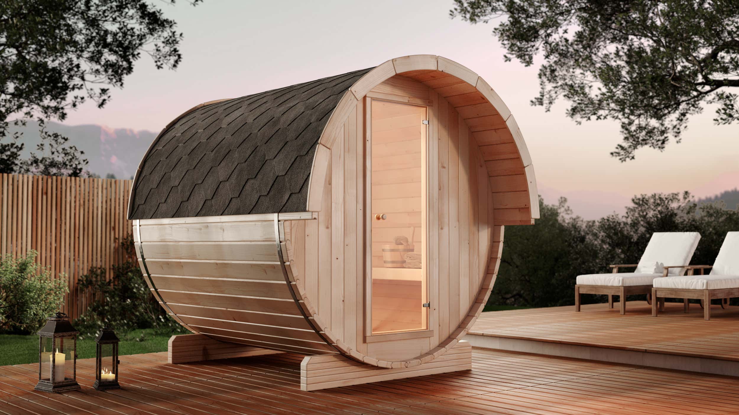 Sauna tonneau Samantha FinnTherm, 2.2x2.4m dim. ext. (cas échéant incl ...