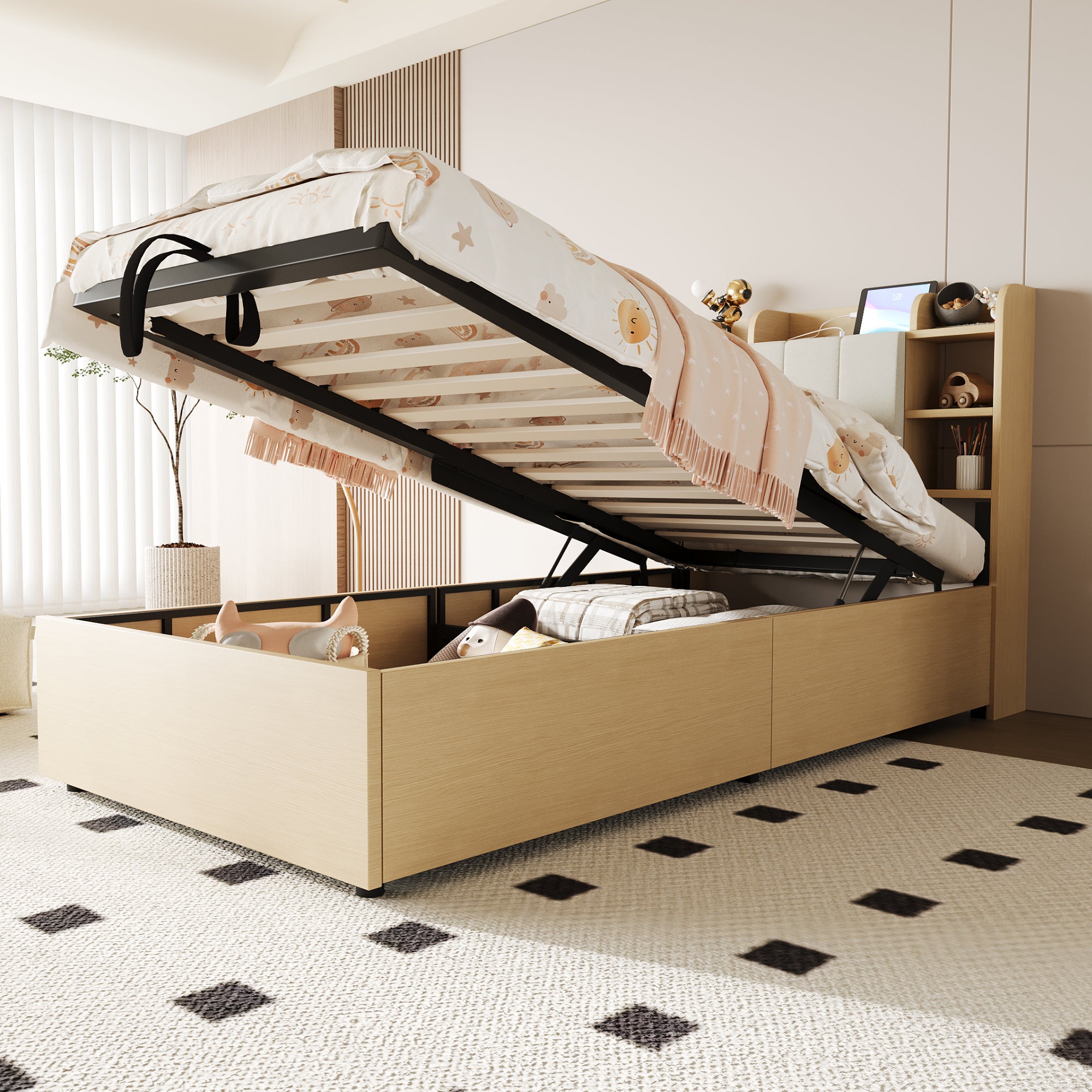 Lit coffre 90 x 200 cm avec tête de lit rangement - Prises USB et Type ...