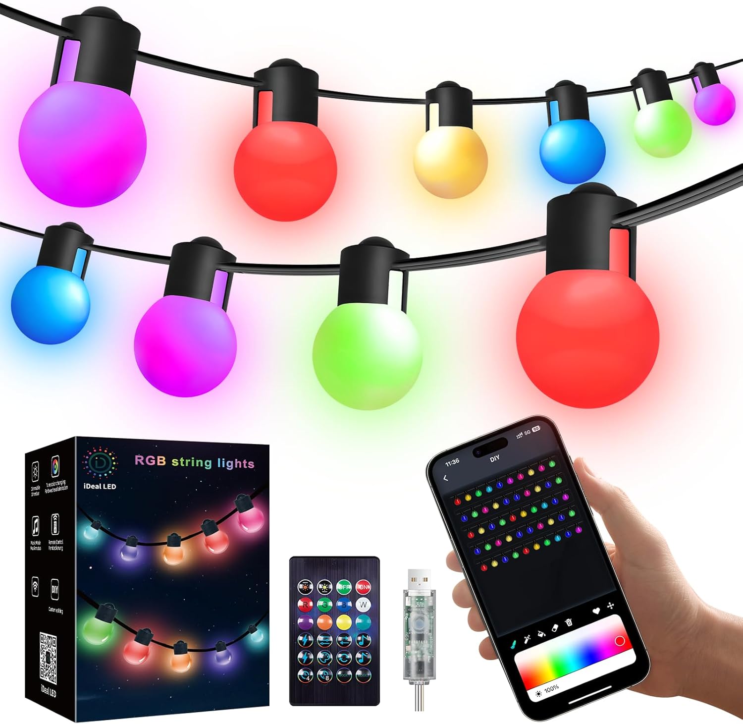 Guirlande lumineuse extérieure de 5 mètres avec 25 ampoules LED RVB ...