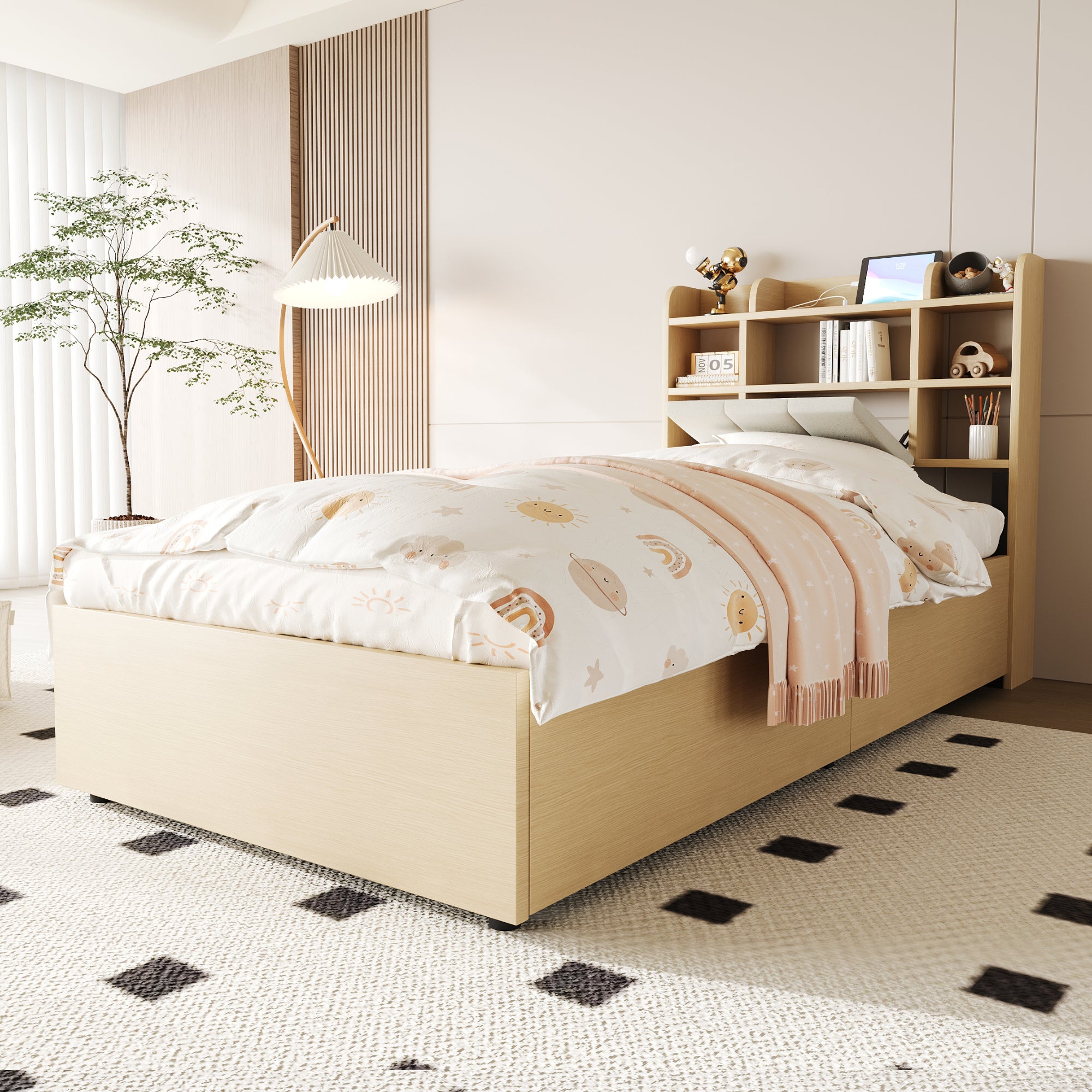 Lit en bois 90 x 200 cm, lit hydraulique, tête de lit avec rangement ...