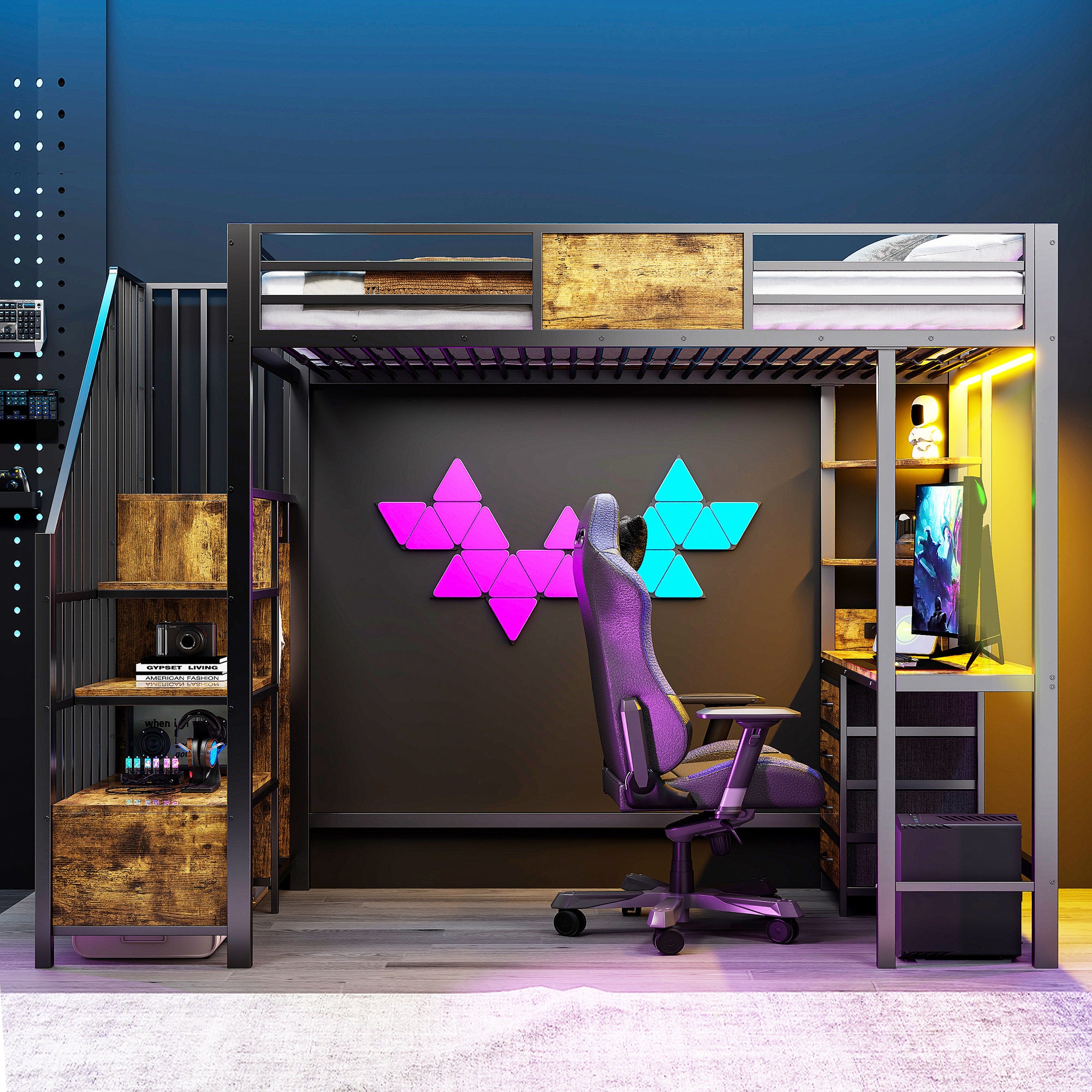 Lit mezzanine 90x200 cm en métal avec bureau intégré, étagères ...