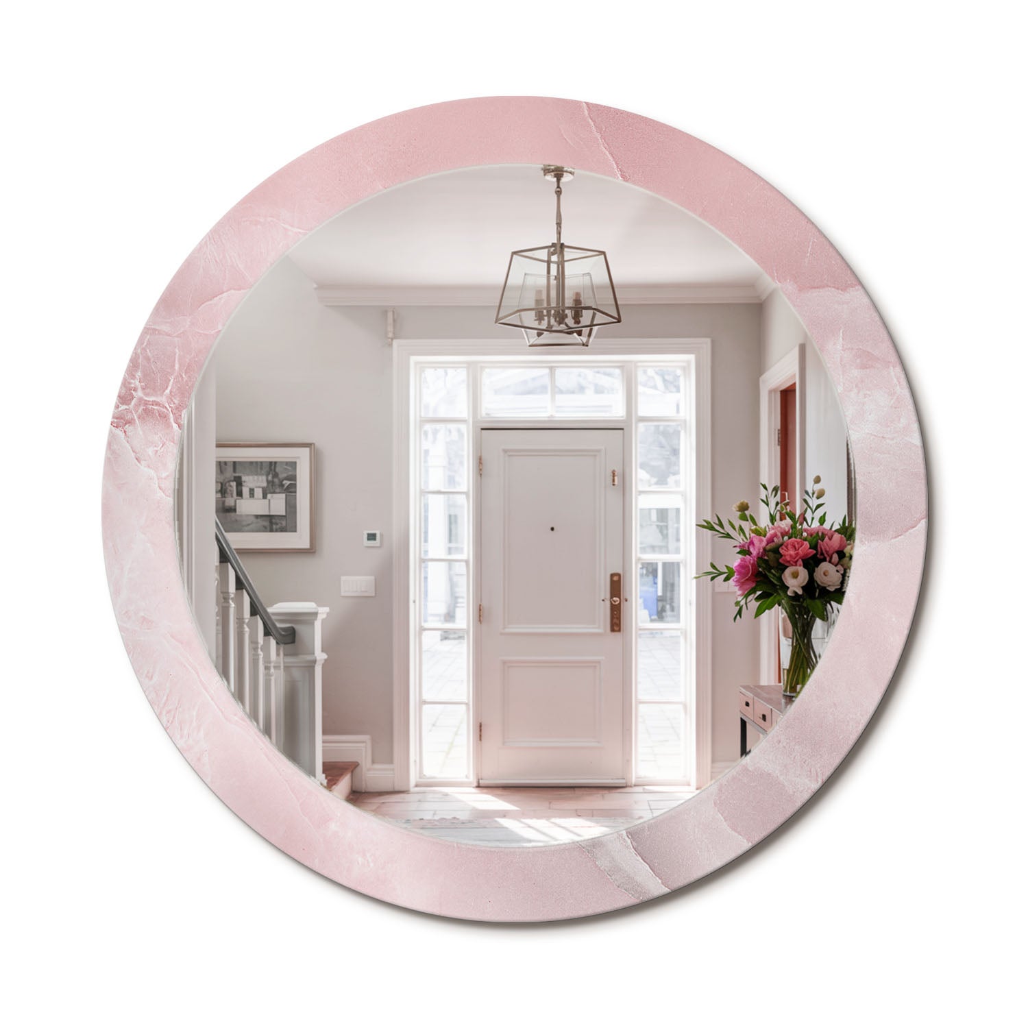 Miroir rond mural avec cadre en verre et motif décoratif Pierre rose ...