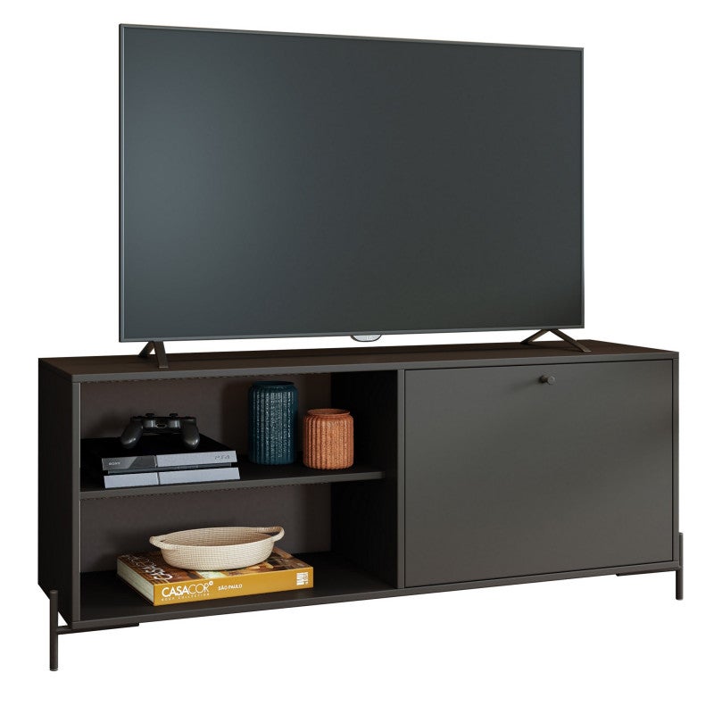Meuble TV Bar 60 Pouces Noir 1 Porte 4 Niches Pieds Métal Ronds L 142 H ...