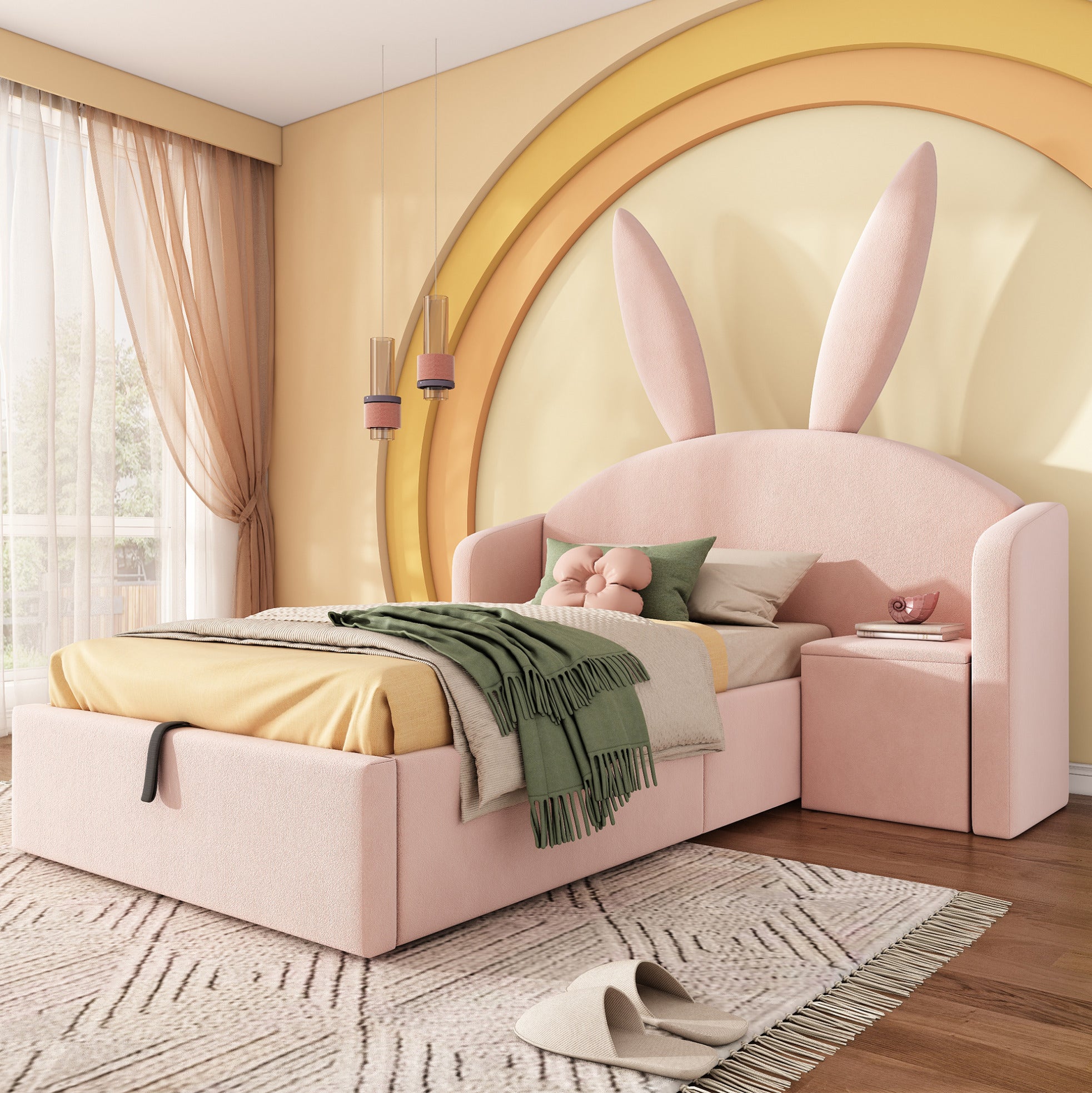 Cama infantil tapizada 90x200 cm arcón hidráulico mesita reversible ...