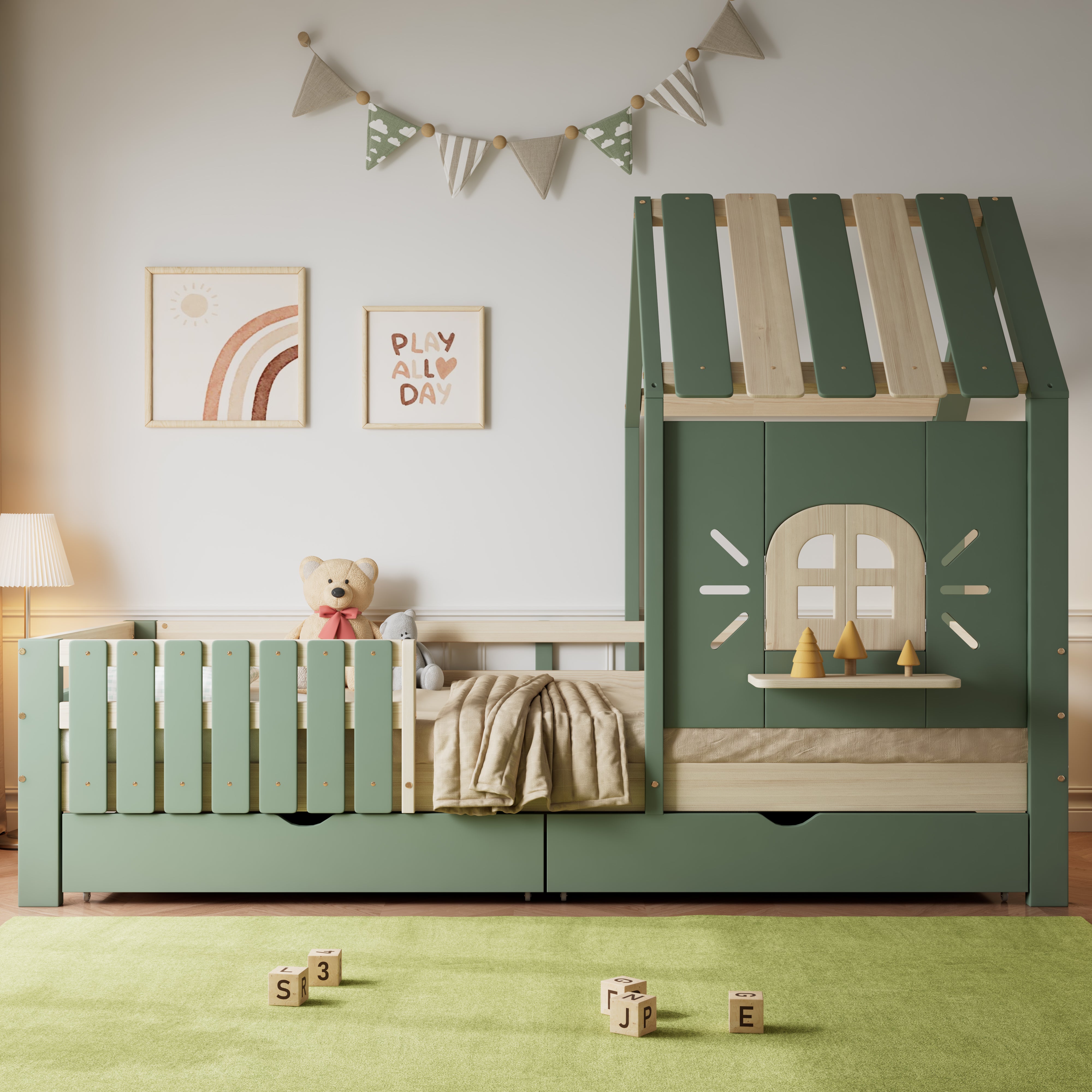 Lit cabane 90 x 200 cm avec 2 tiroirs, toit et fenêtre - Pin + MDF ...