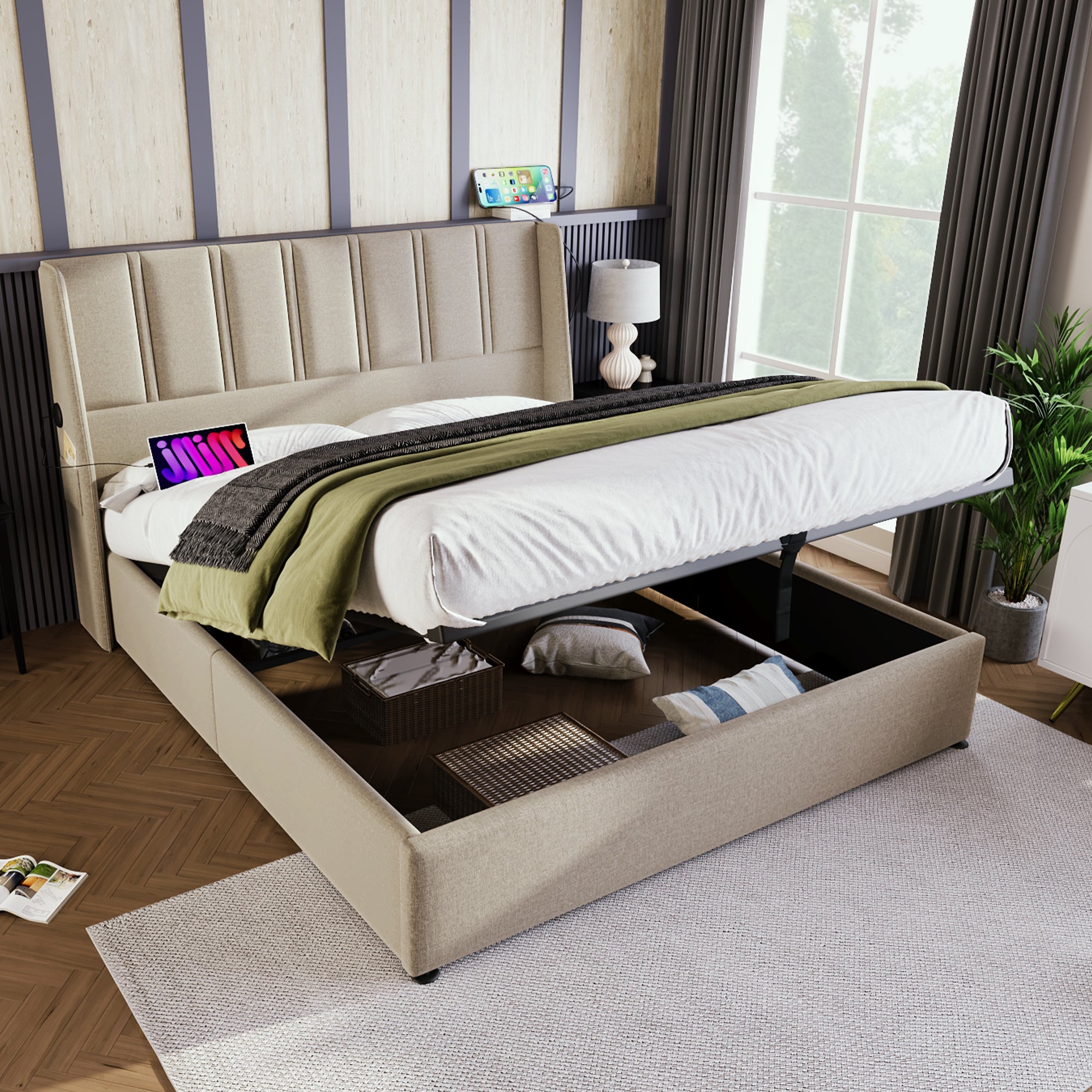 Lit coffre Lit double capitonné Lit adulte 180 x 200 cm avec ports de ...