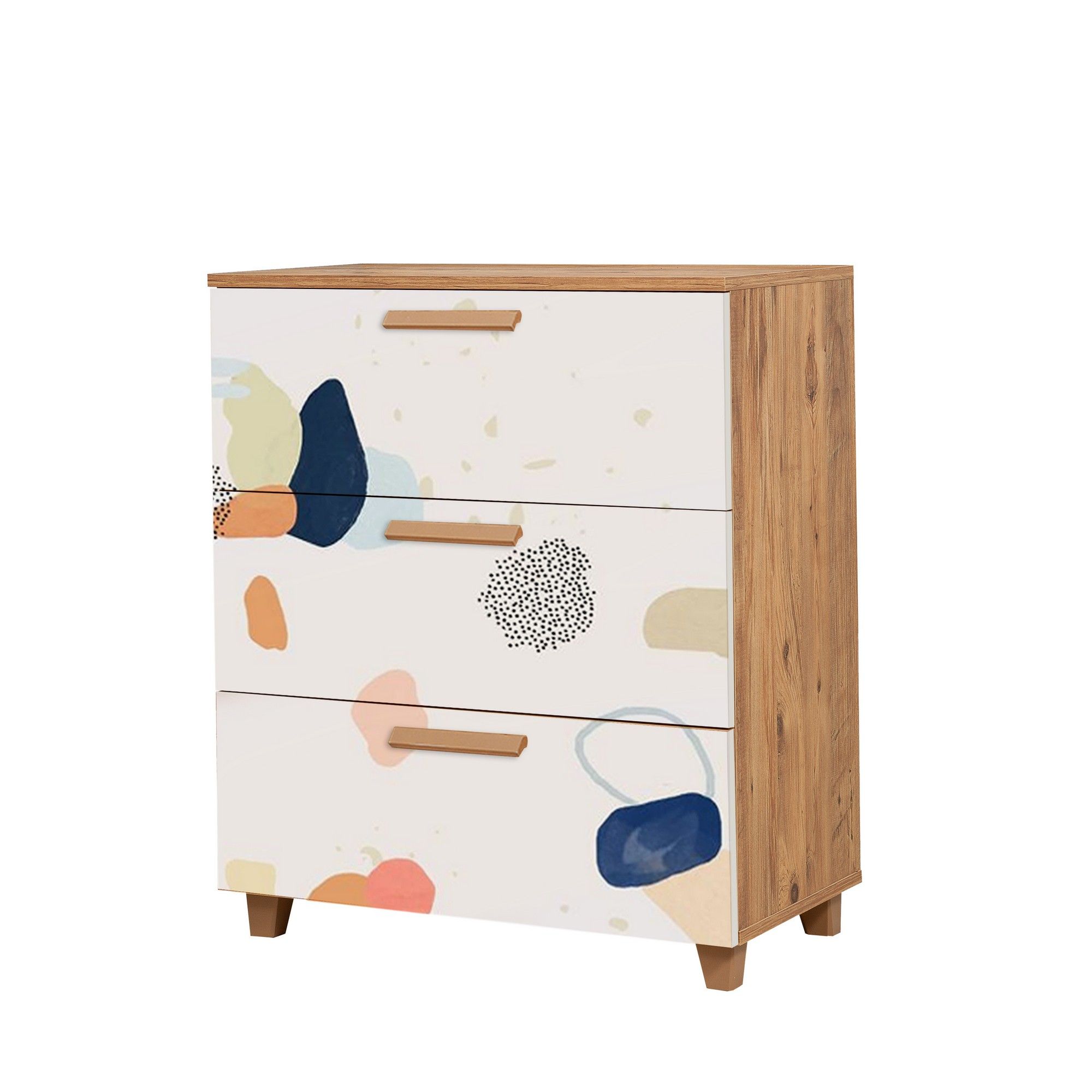 Commode 3 tiroirs Skeet Bois Blanc Motif Abstrait Orange, Bleu et Gris ...