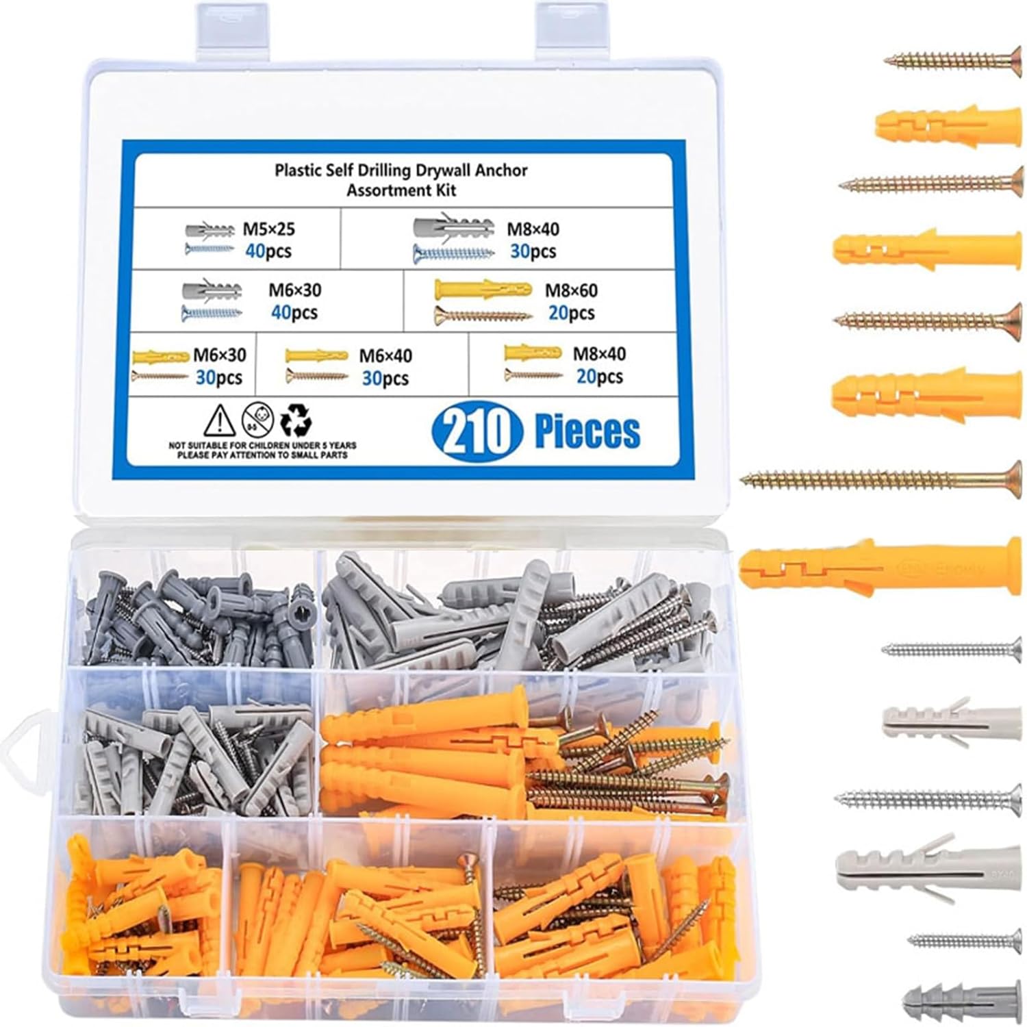 210Pcs auto-perceuses cloisons sèches ancrages en plastique nylon, 7 ...