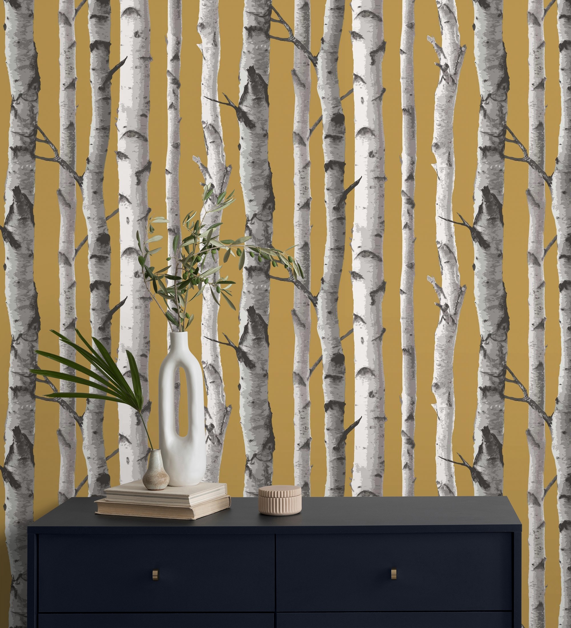 Papier peint troncs d'arbres style nordique couleur moutarde - Nordic ...