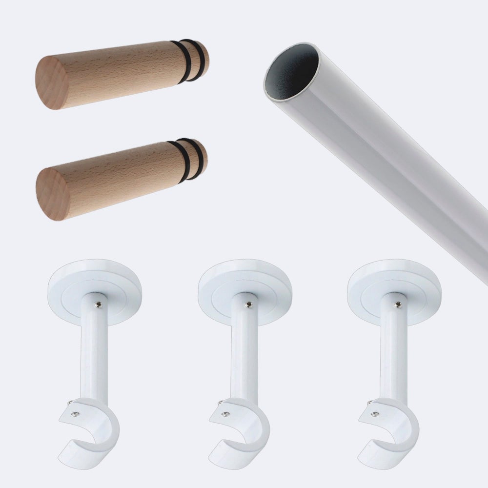 Kit de tringle à rideaux Blanc 250cm Diam.20mm Embout Cylindre Bois ...