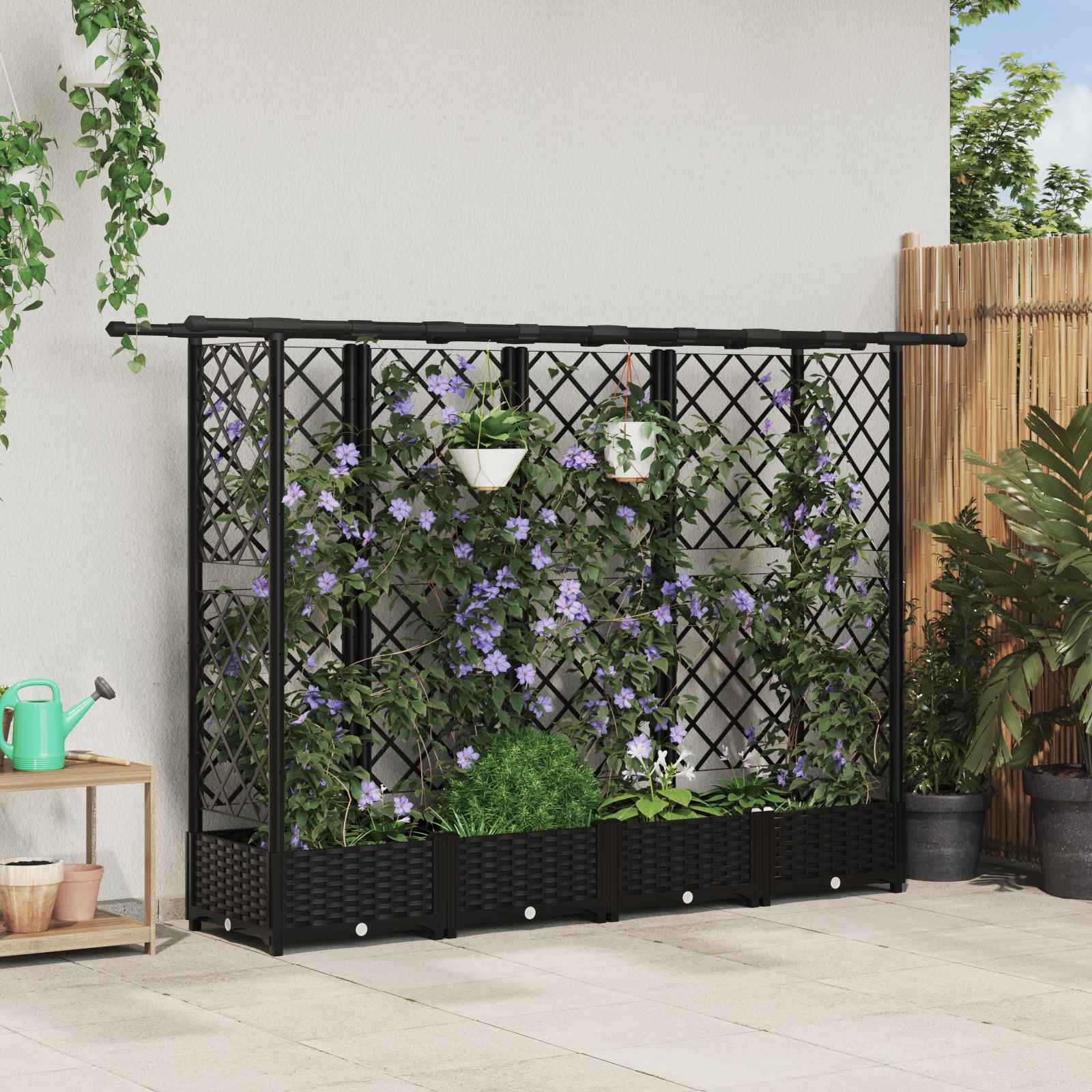 Cama elevada con trellis y techo Negro 202,5 x 40 x 121 cm PP | Leroy ...