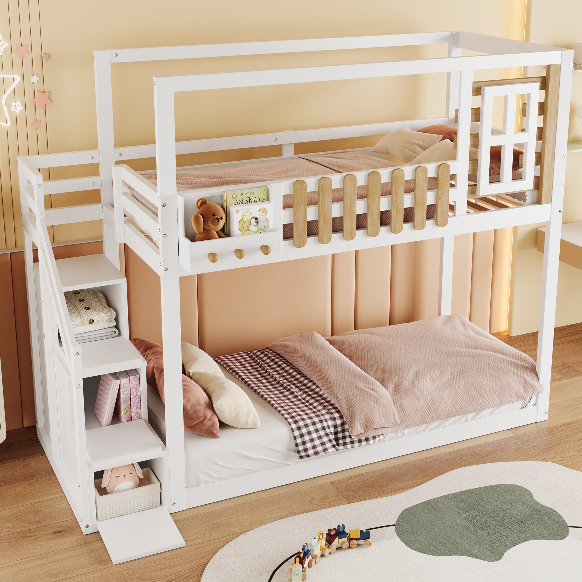 Lit superposé enfant 90 x 200 cm avec escalier, fenêtre et étagère ...