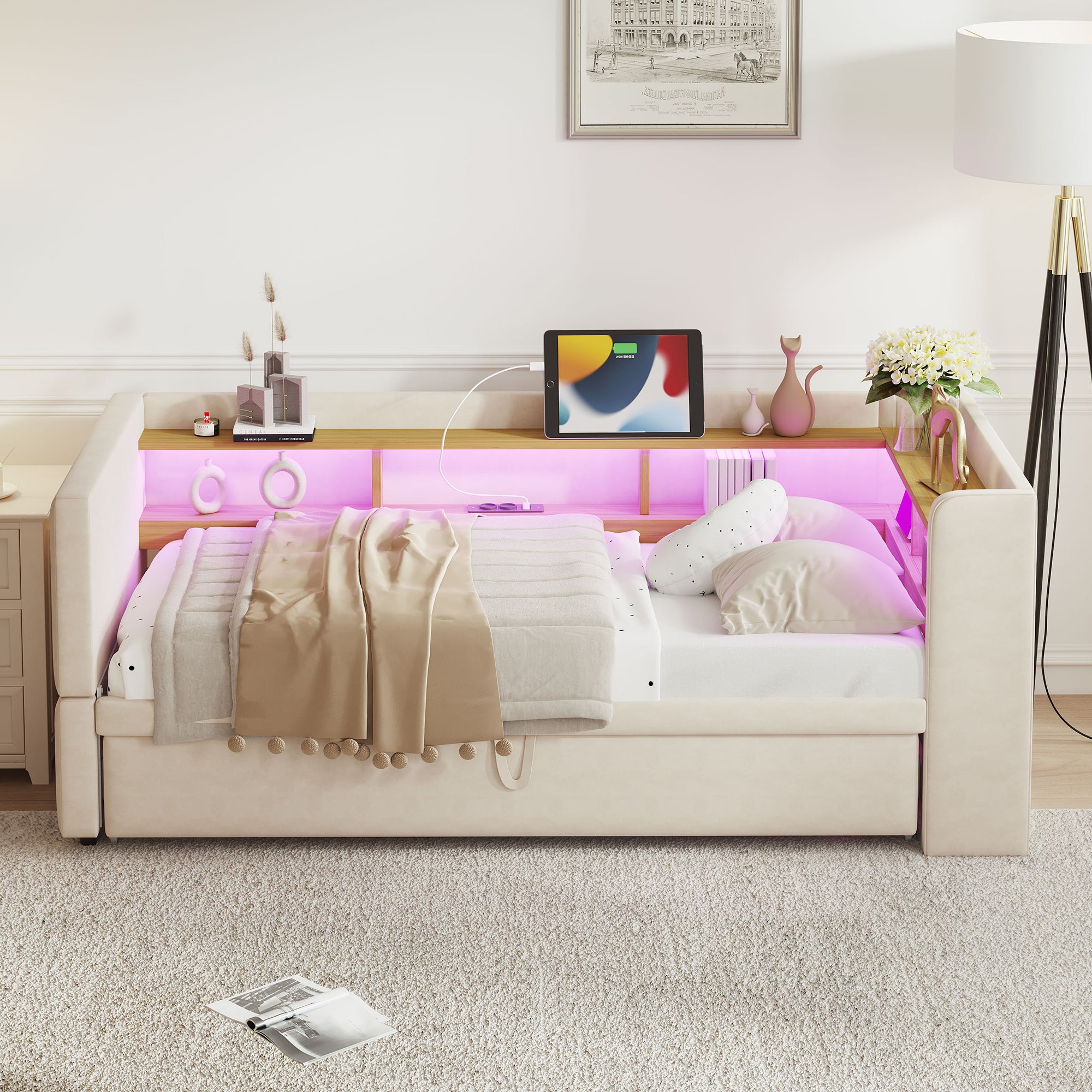Sofá cama convertible 90/180*190 cm - Cama multifunción con LED ...