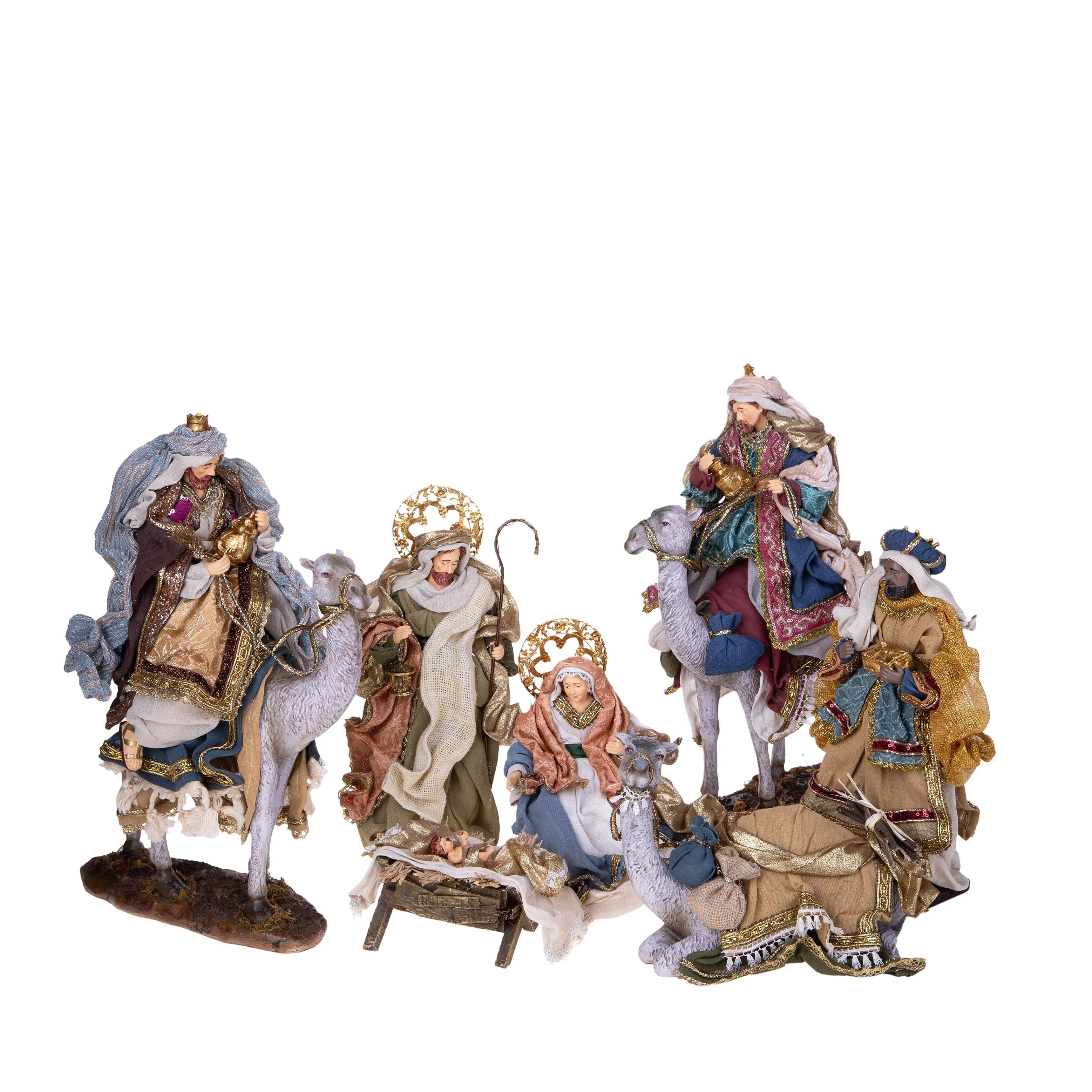 Crèche avec 7 personnages avec trois rois mages et un chameau, en tissu ...