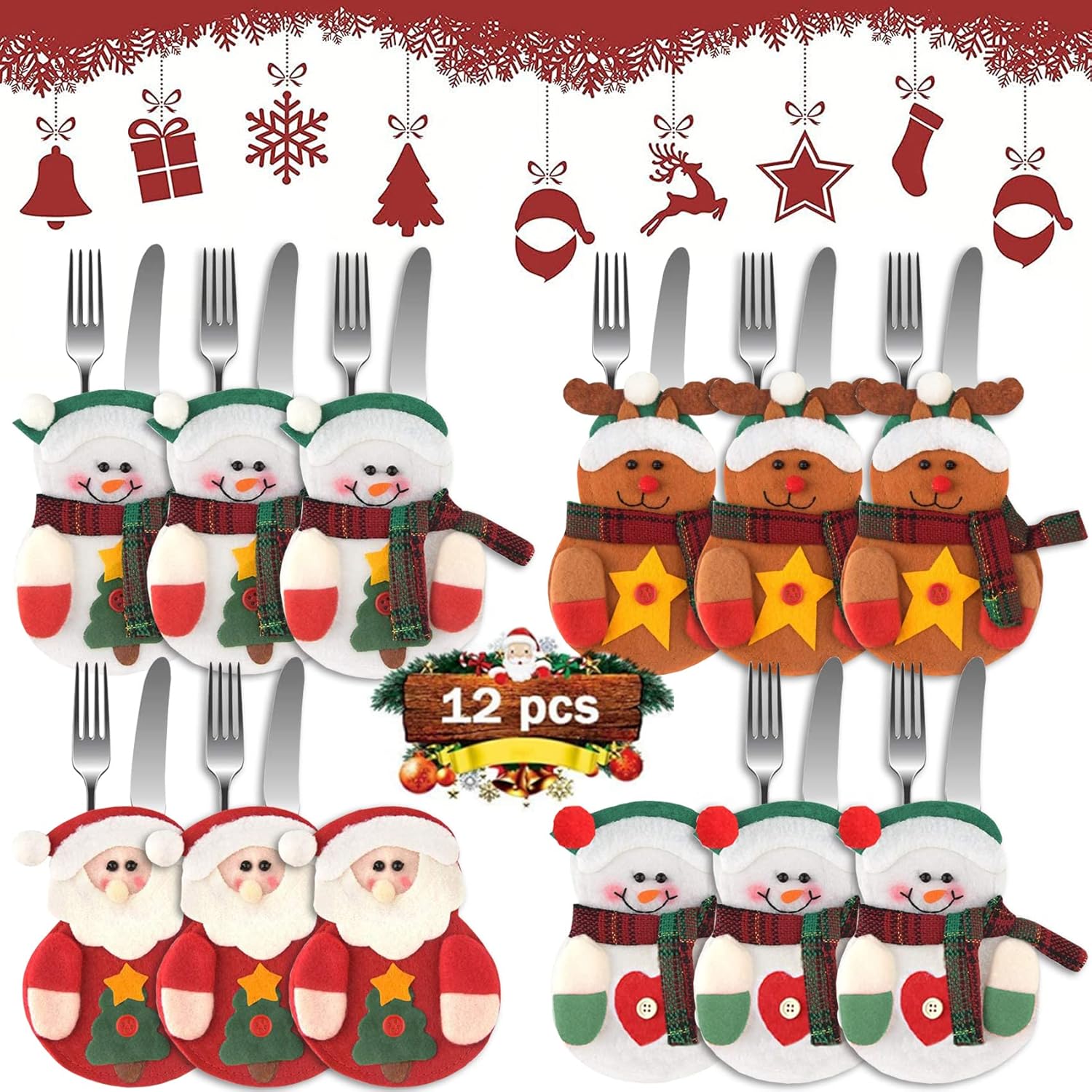 12 Pcs Porte Couverts Noël, Deco Table de Noël, Range Couverts Noël, Décoration de Noël pour ...