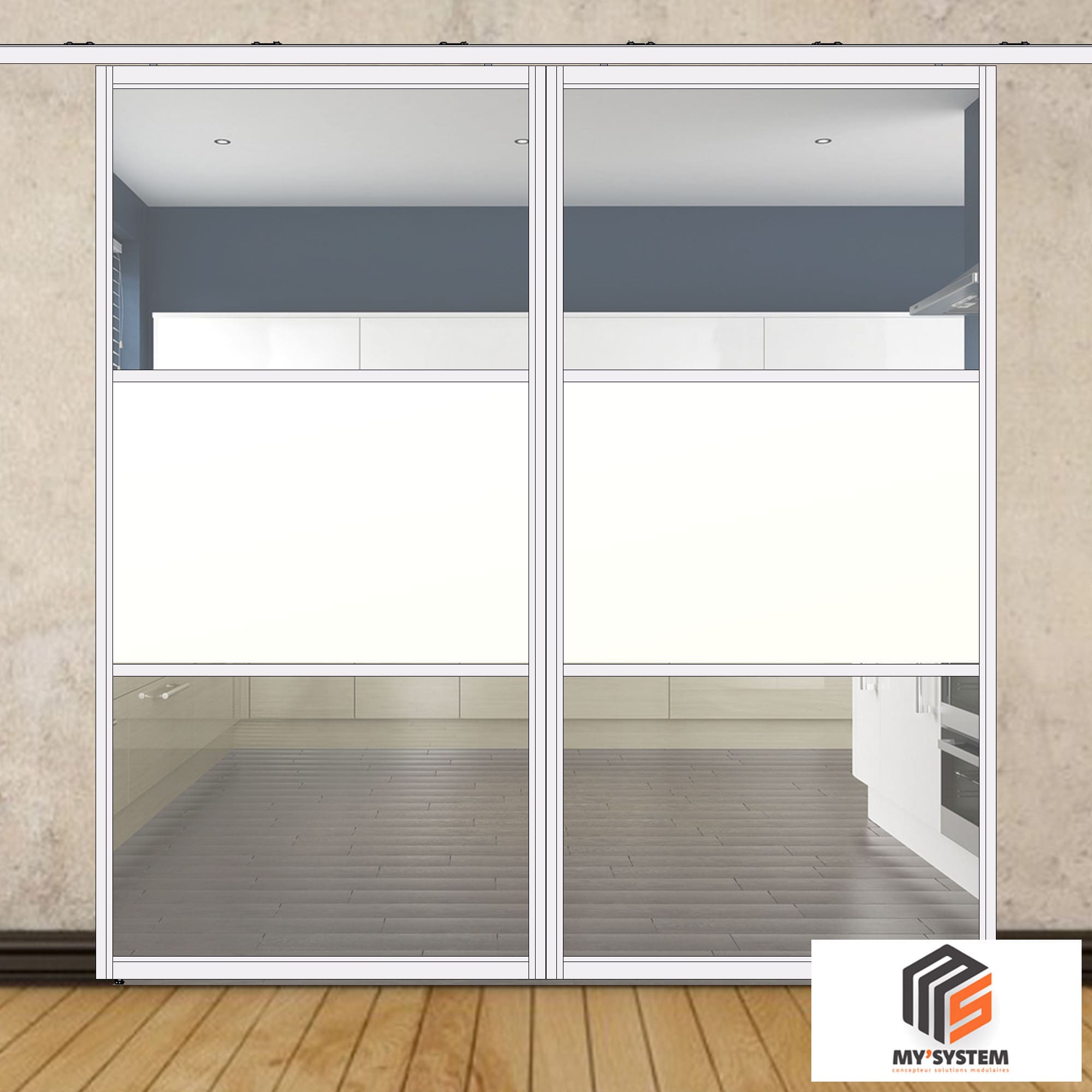 PORTE DOUBLE COULISSANTE H2088 - L1067 mm - 3 VERRES HORIZONTAUX ...