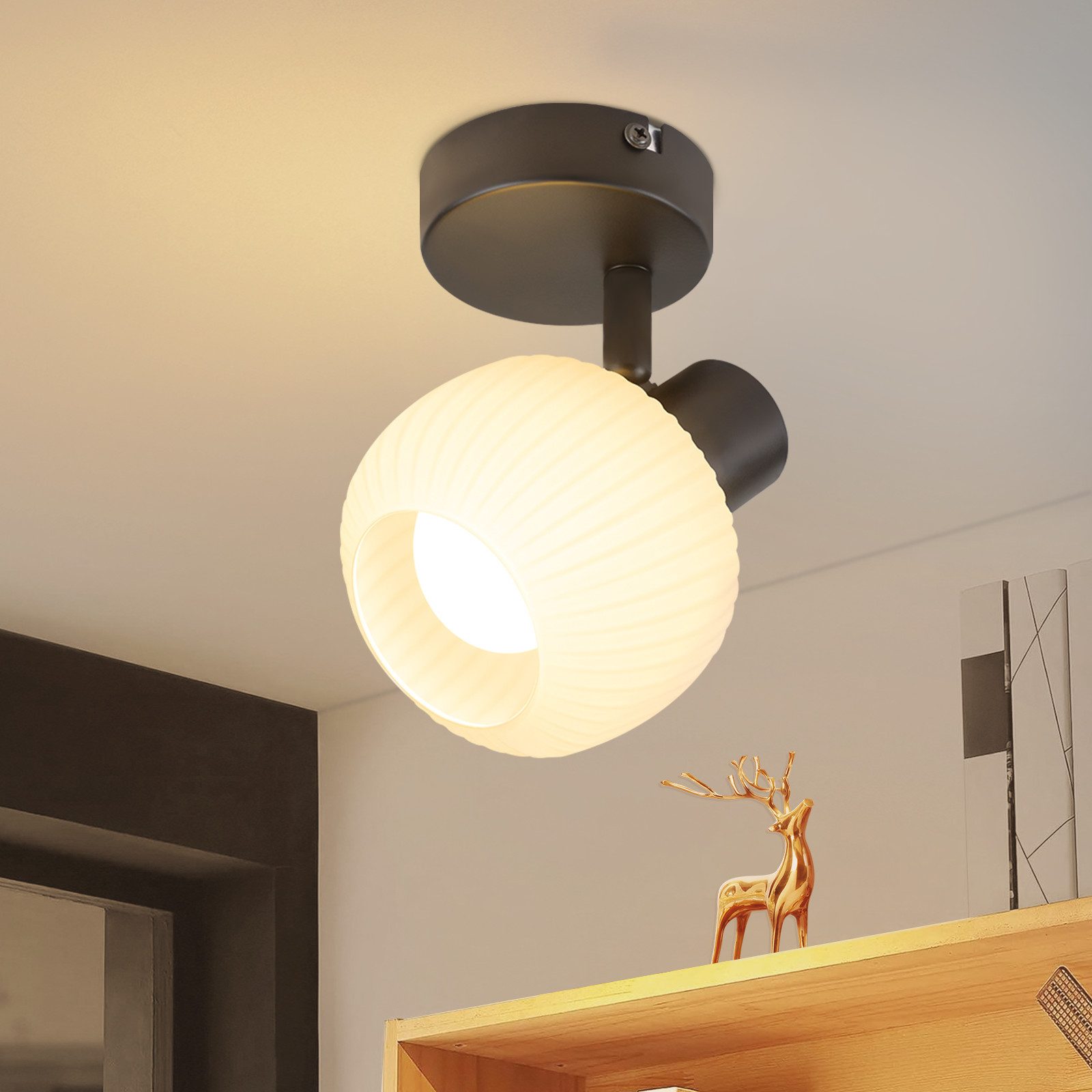 NETTLIFE Foco de techo negro E14 Pantalla de cristal vintage Foco de interior moderno para ...