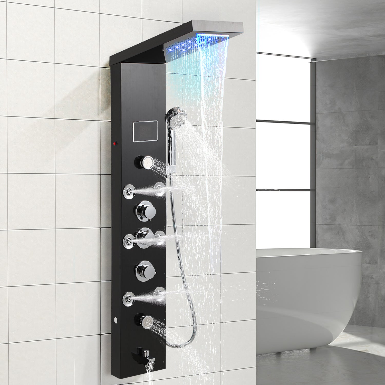 Panneau de douche LED noir avec douchette et 6 jets massage | Leroy Merlin