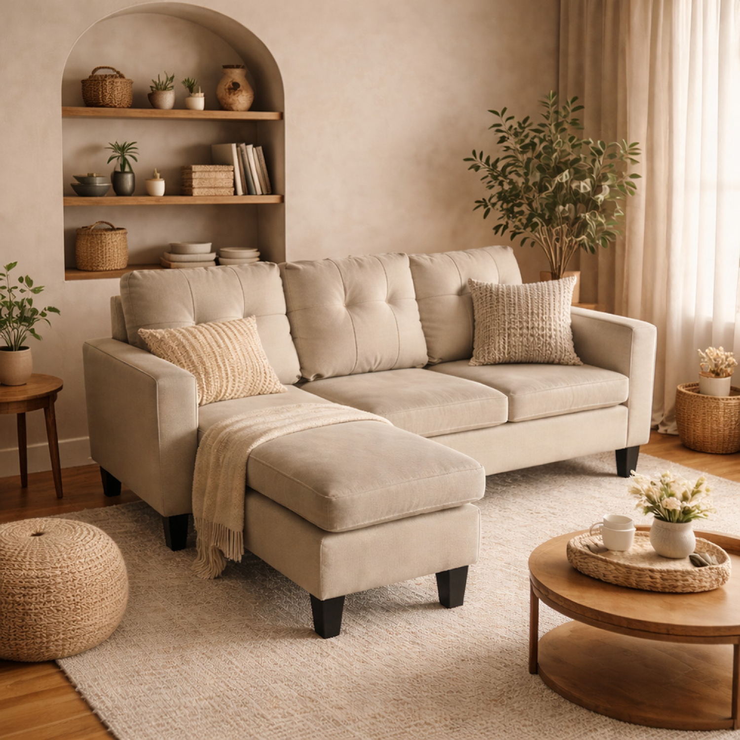 BELFAST Sofá esquinero de 3 plazas en tela beige | Leroy Merlin