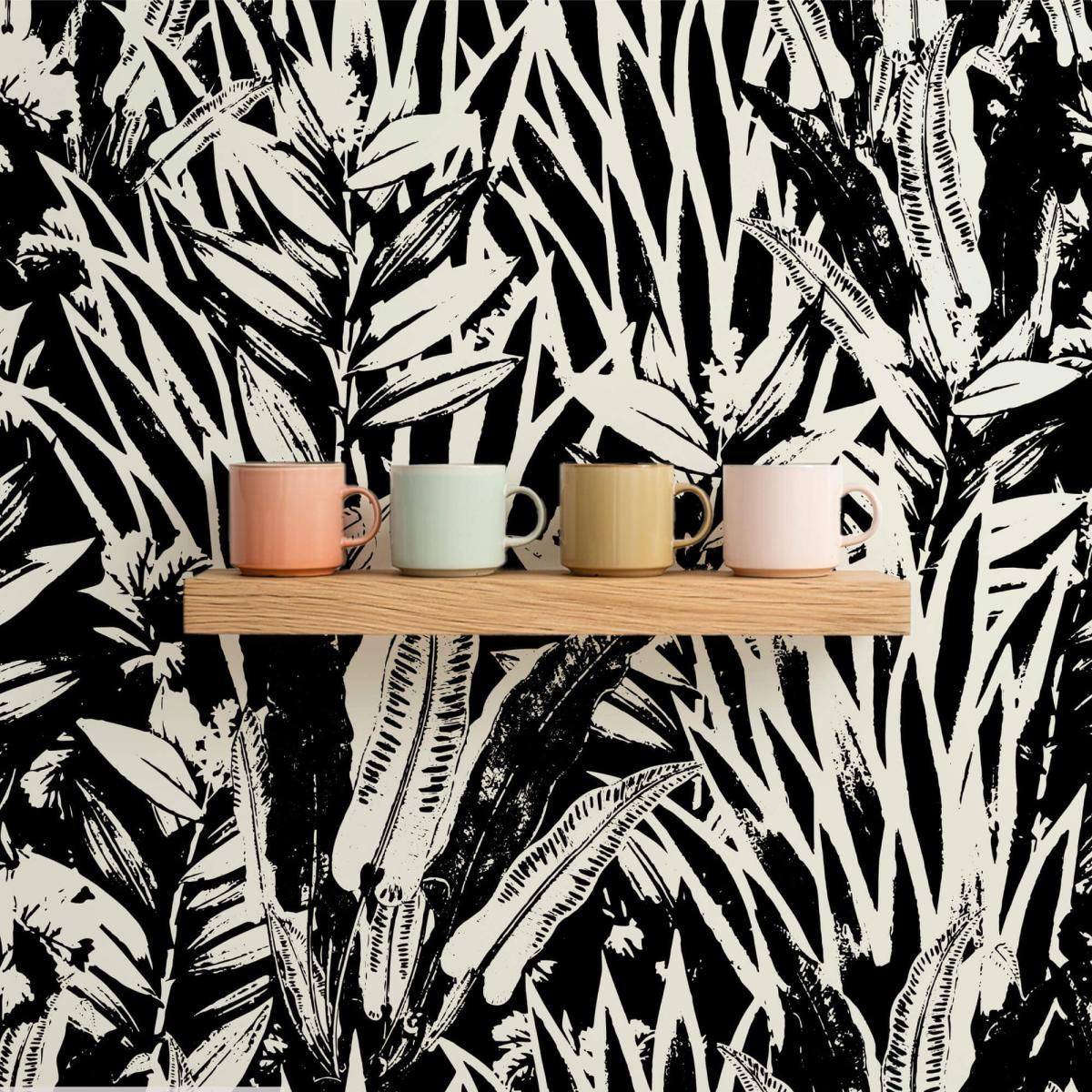 Papier peint avec feuilles extotiques noires et élégantes - 510x260 cm ...