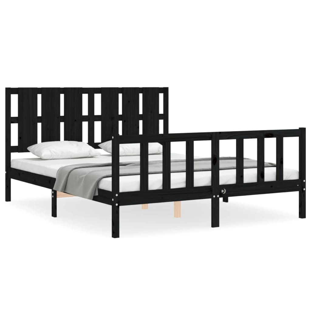 Lit double，Lit adulte，Cadre de lit avec tête de lit noir King Size bois ...