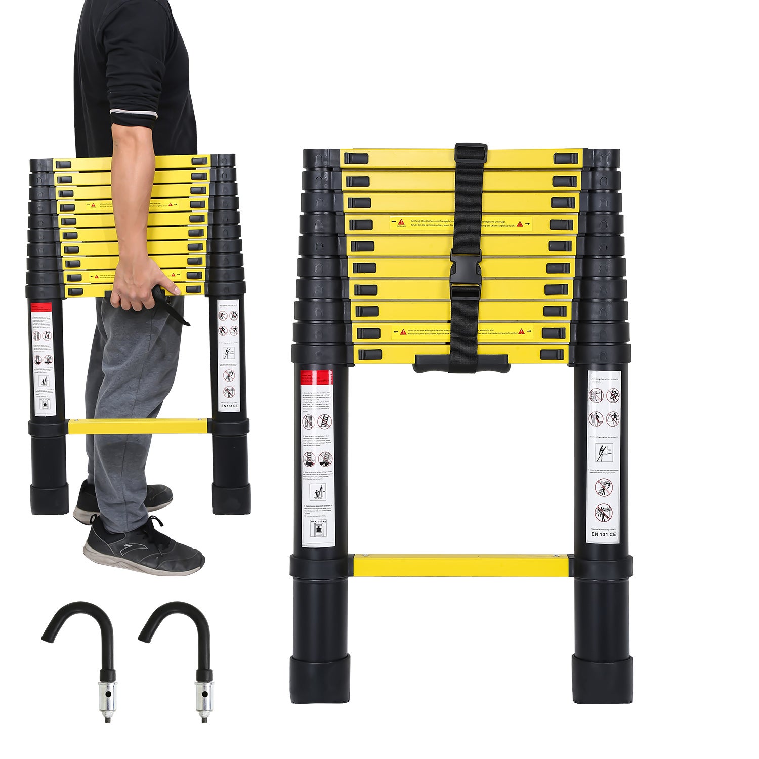 Escalera telescópica 3,2 m negra + gancho de escalera de aluminio ...