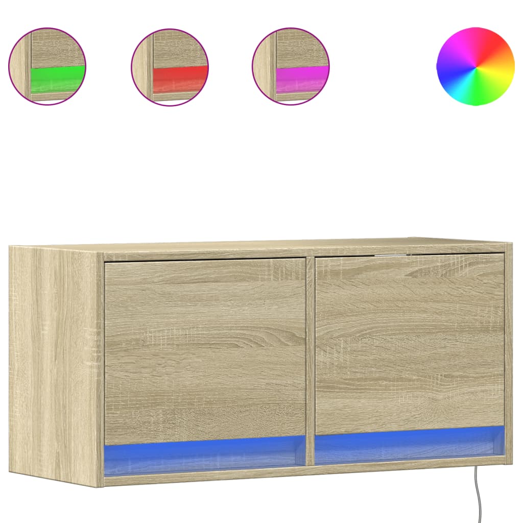 Mueble TV de pared | Mueble de salón con luces LED roble Sonoma ...