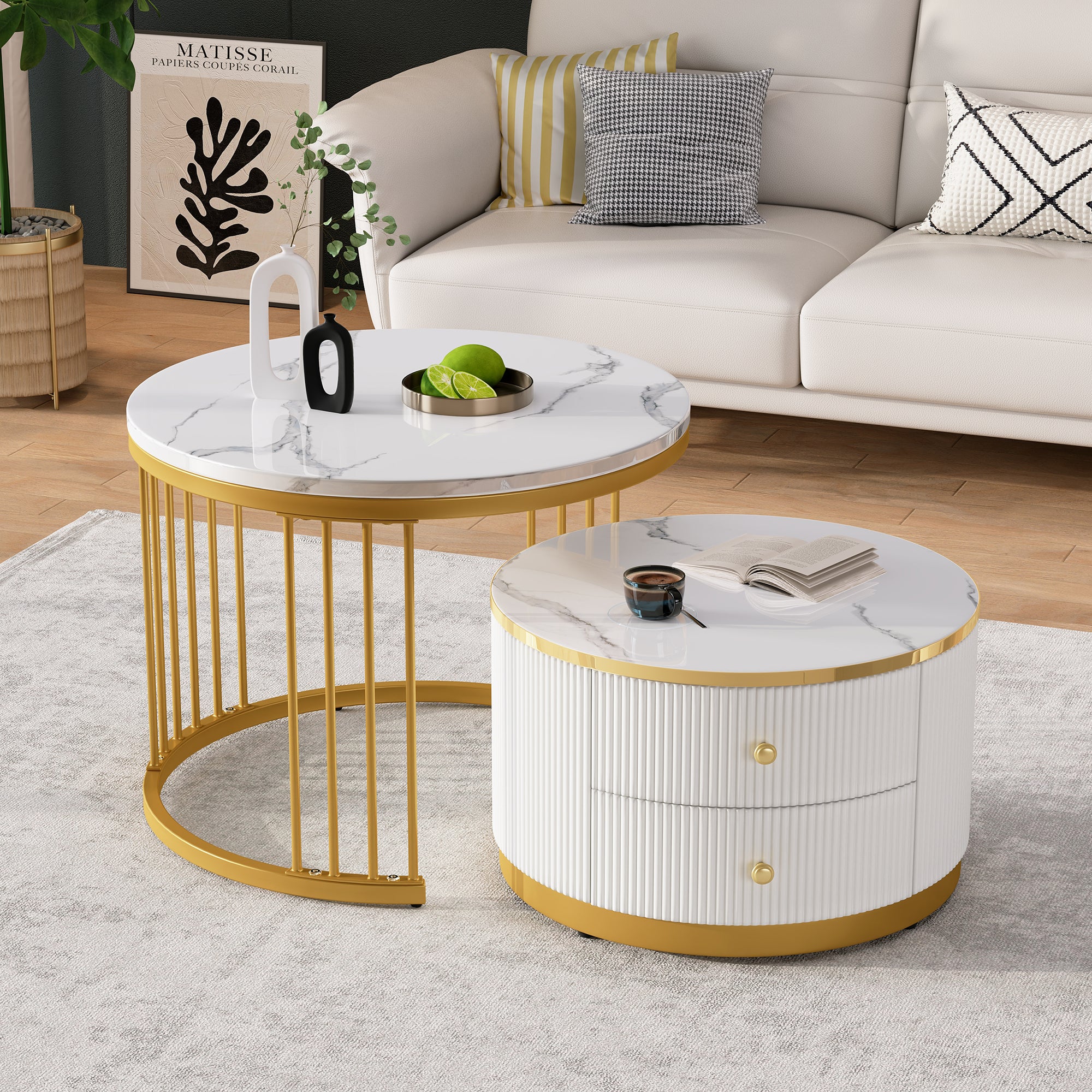 Set 2 mesas de centro nido (60/50 cm), 2 cajones, modular, MDF, Blanco ...