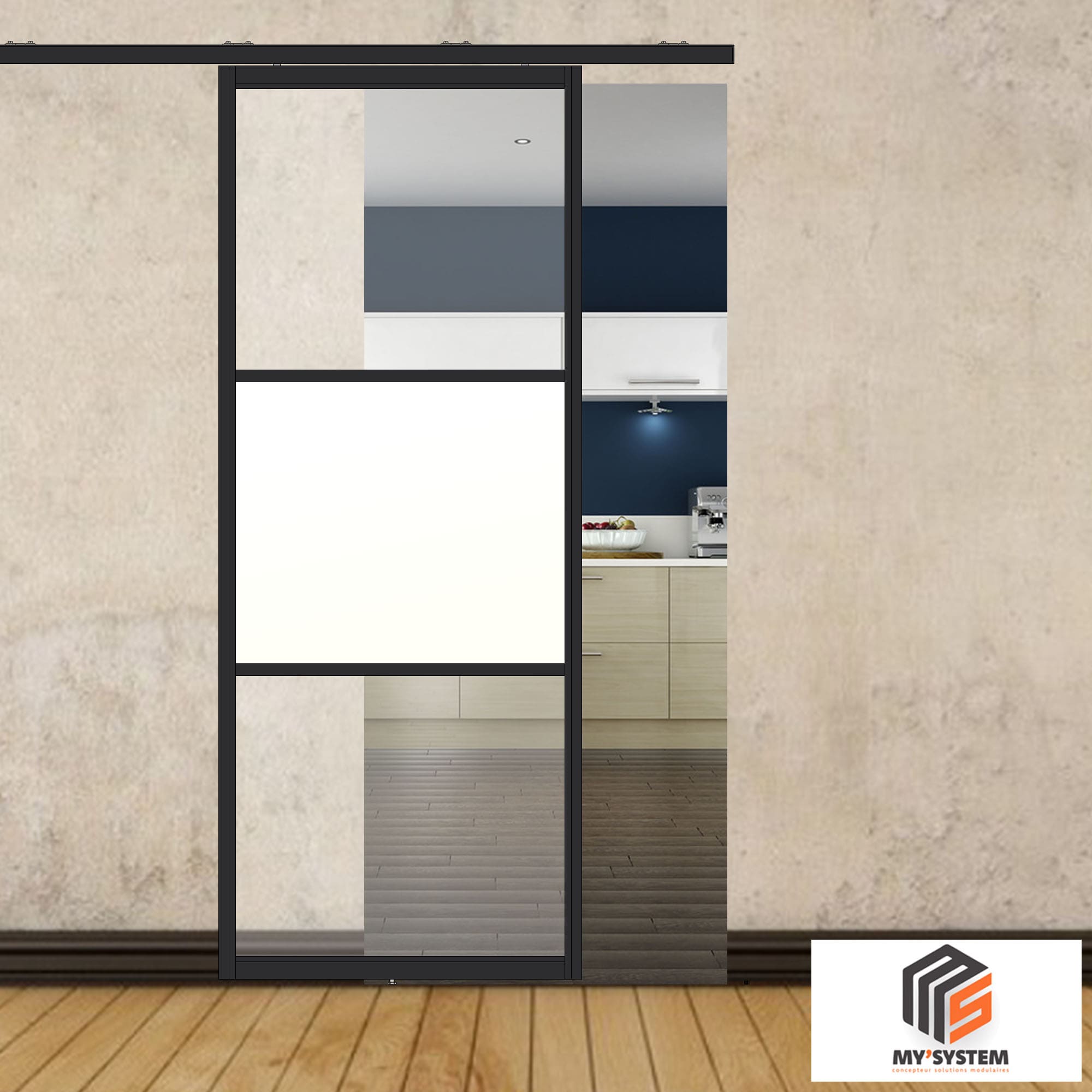 PORTE SIMPLE COULISSANTE GAUCHE H2088 - L867 mm - 3 VERRES HORIZONTAUX ...