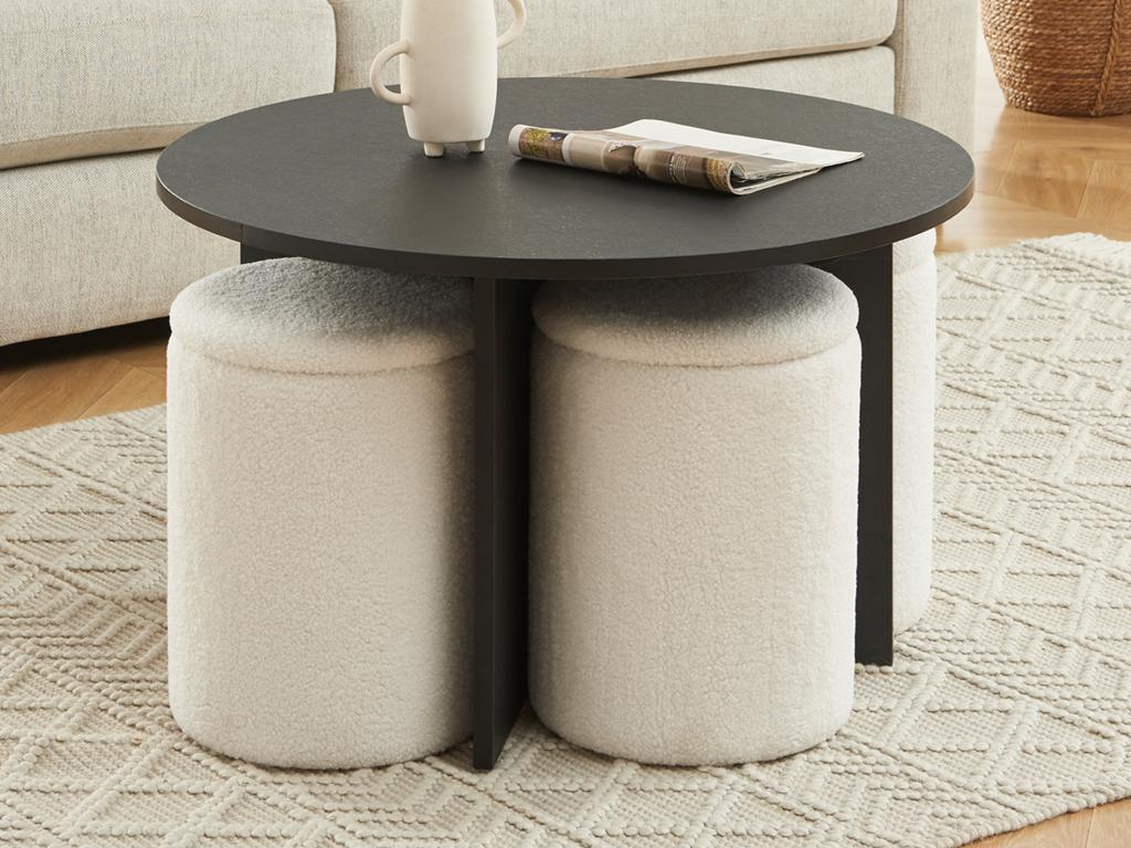 Table basse en MDF + 4 poufs en tissu bouclette - Noir et blanc - AKSAY ...