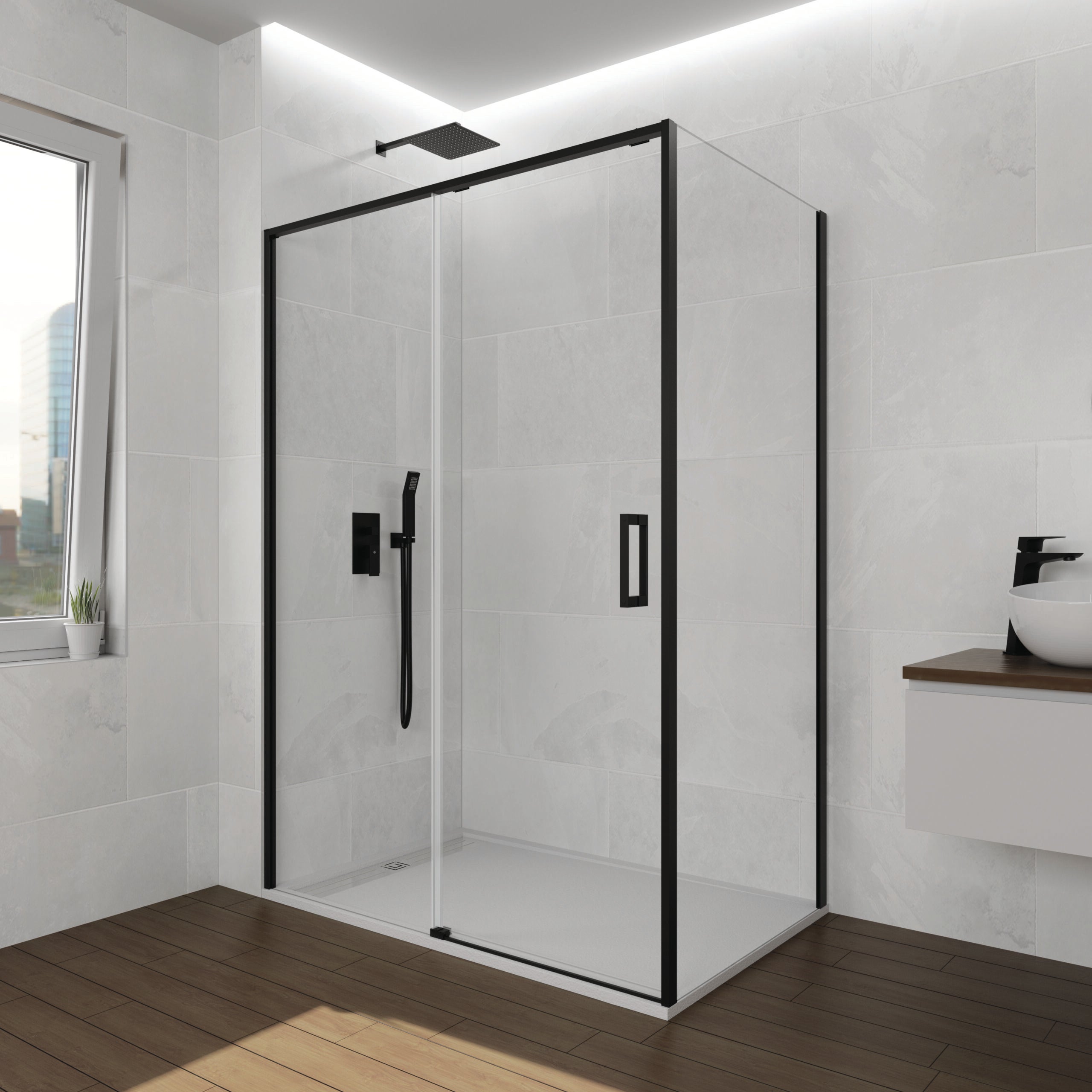 Paroi frontale 165-170 + Fixe latéral 90 cm TWENTY Transparent Noir ...