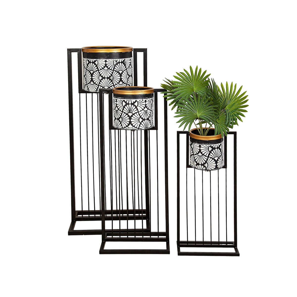 Set de pots de fleurs Romimex Blanc Noir Métal Avec support (3 Pièces ...