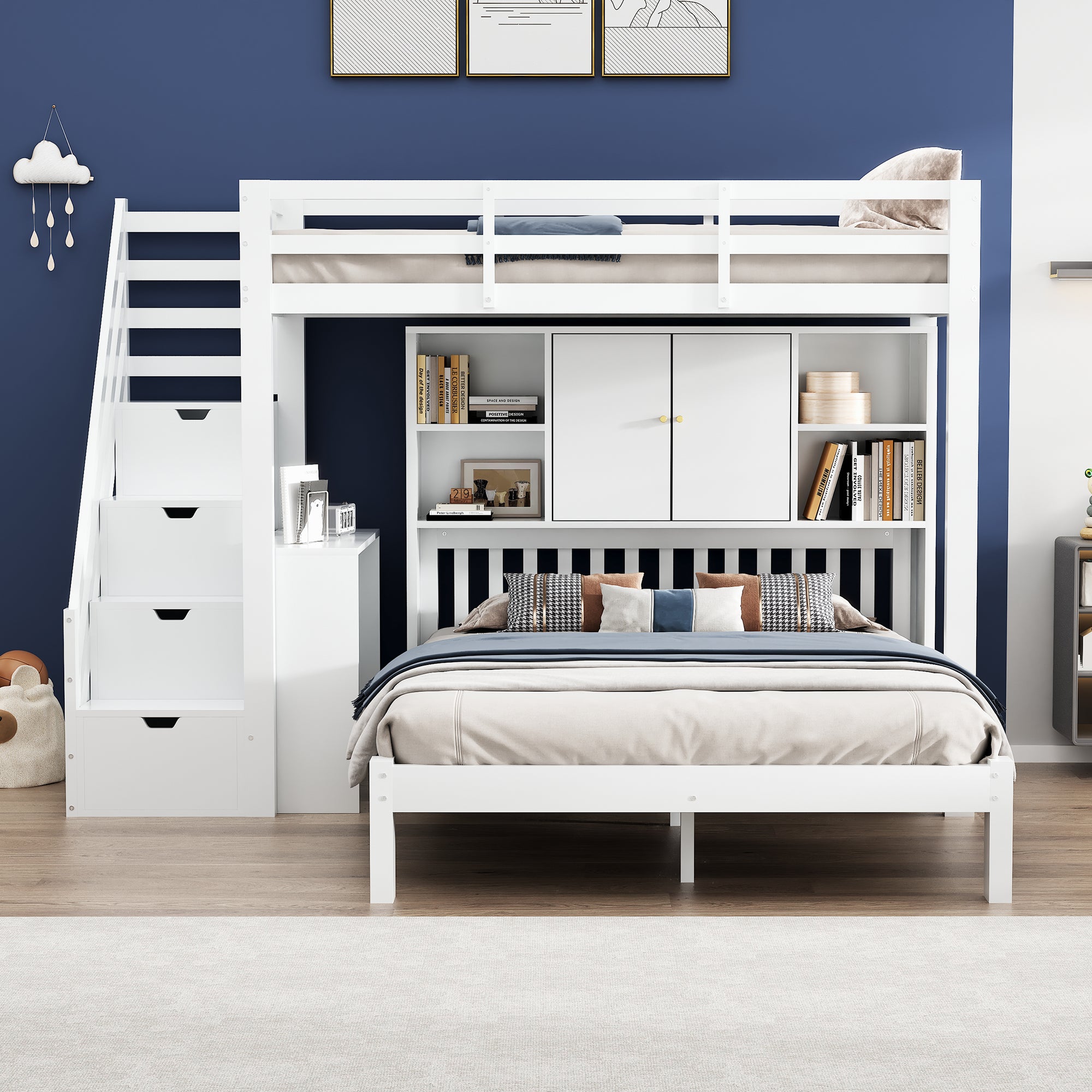 Lit superposé enfant 90x200 cm + 140x200 cm - avec escalier de ...