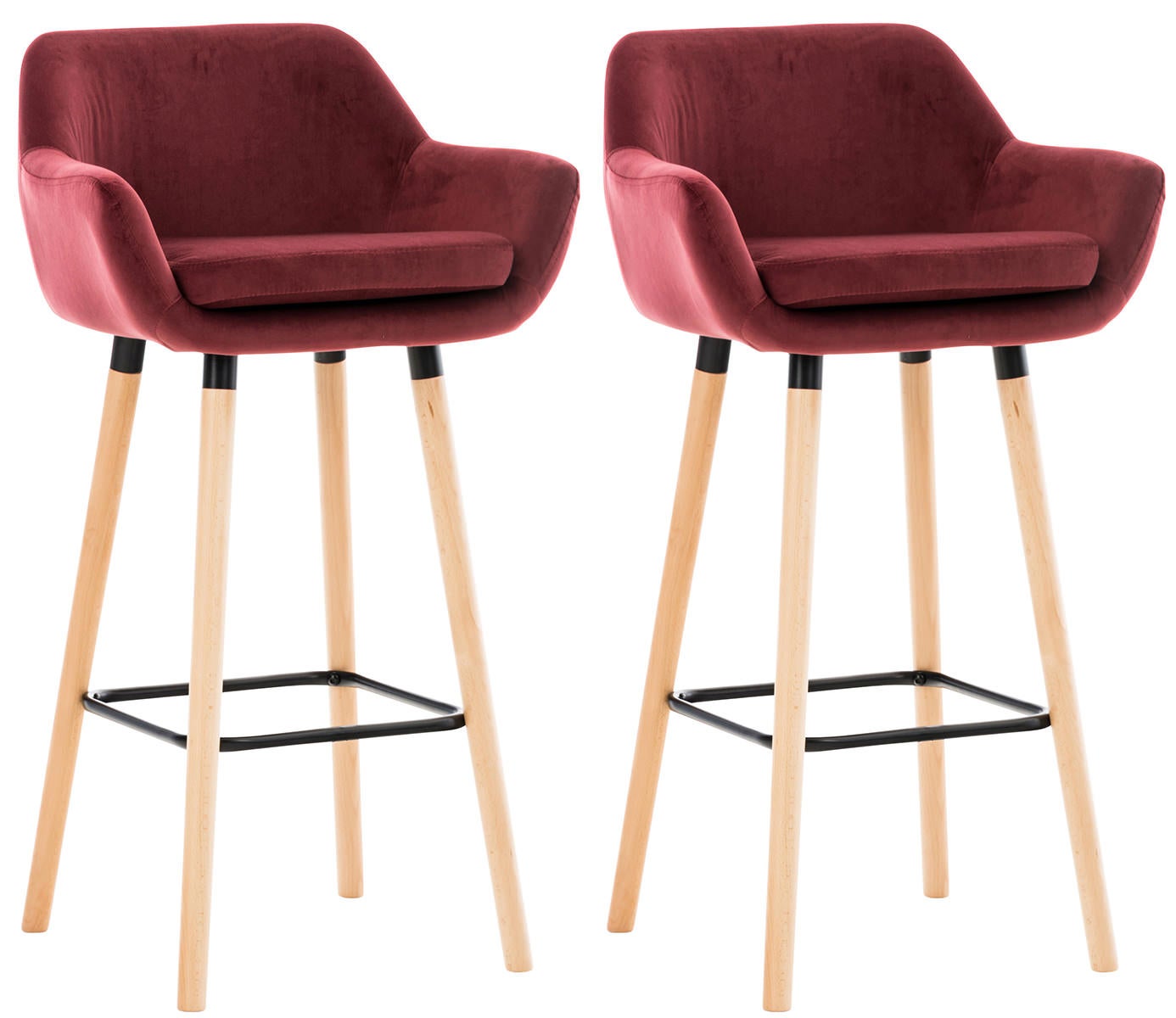 Juego de 2 taburetes de bar con patas de madera de terciopelo rojo con ...