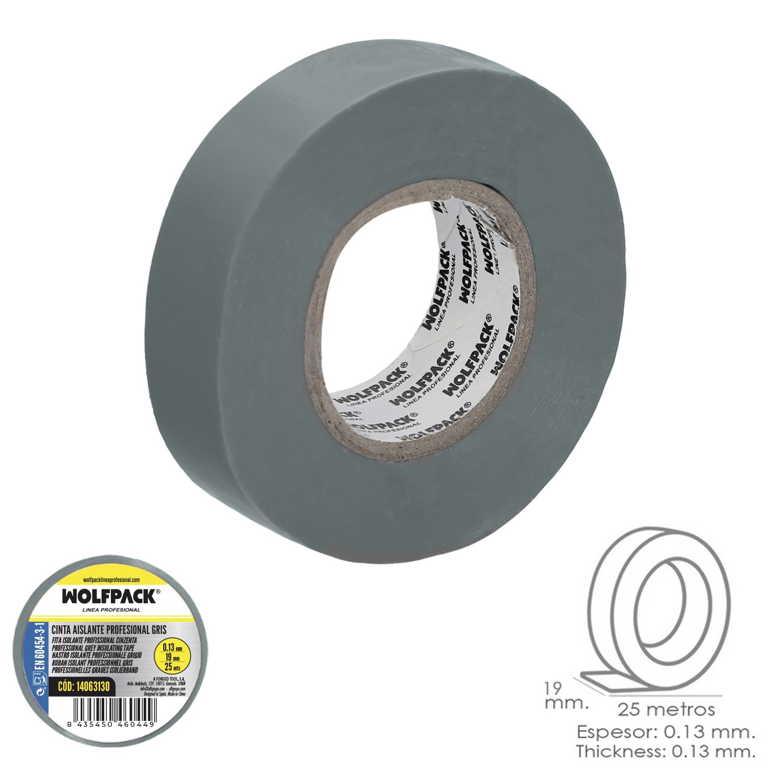 Cinta Aislante Profesional Gris Espesor 0.13 mm. Ancho 19 mm. Rollo 25 Metros Cinta Electricista ...