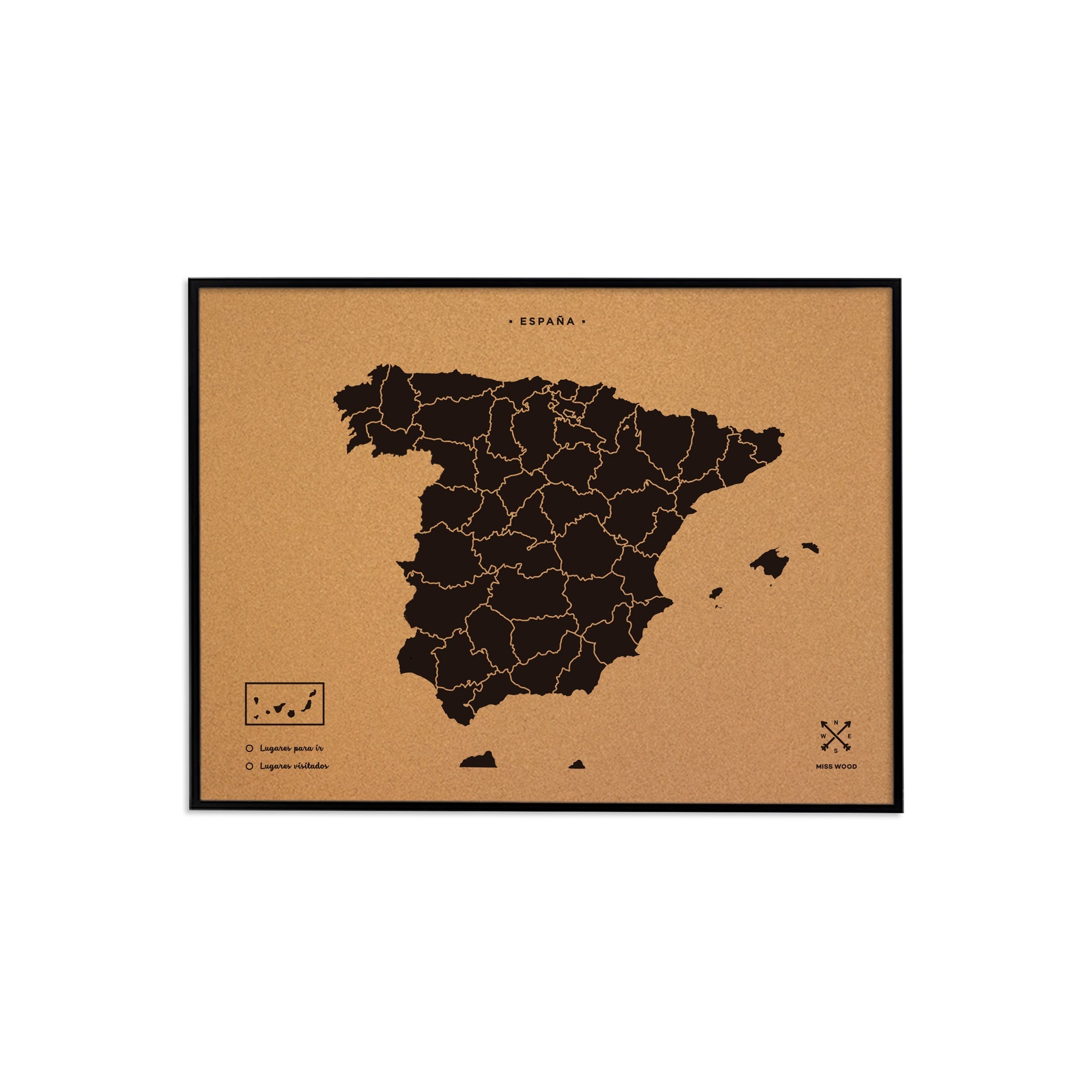 Mapa de corcho - Woody Map Natural España / 60 x 45 cm / Negro / Marco ...