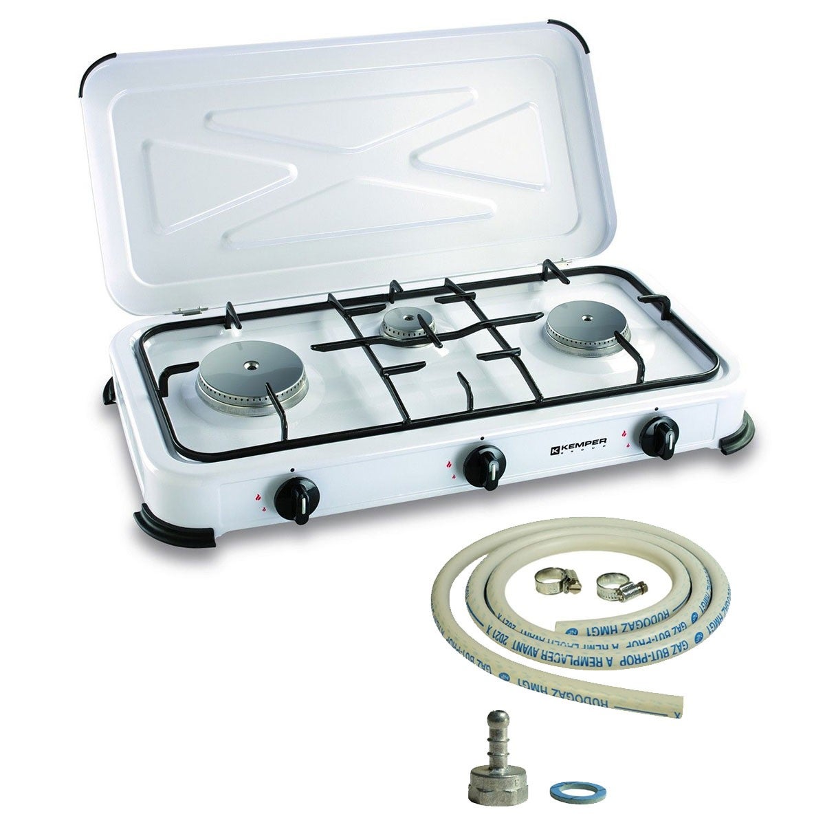 Réchaud gaz portable 3 feux 3450W Blanc laqué Couvercle Plaque de ...