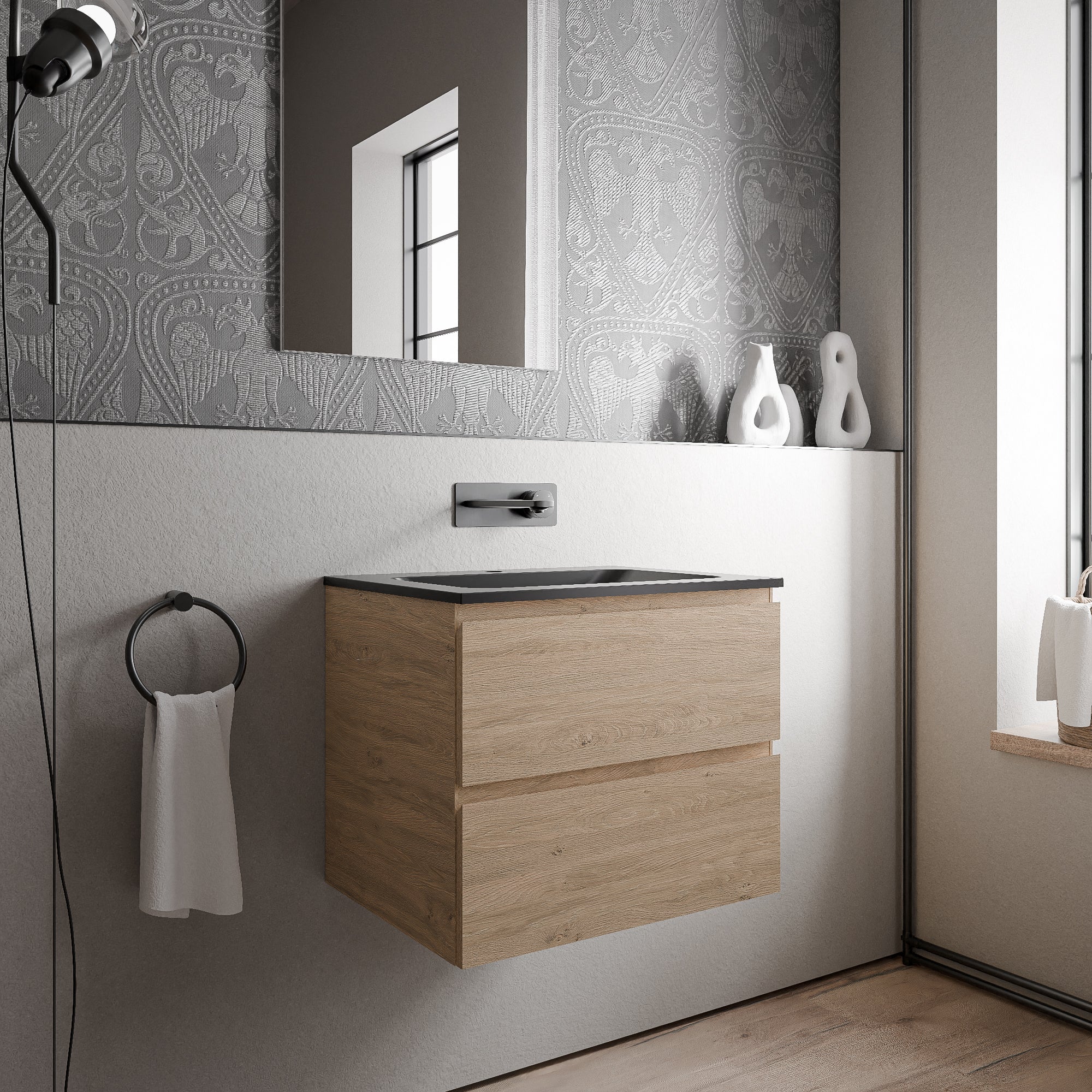 BERNSTEIN - Meuble vasque suspendu MDF Chêne miel, lavabo fonte Noir ...