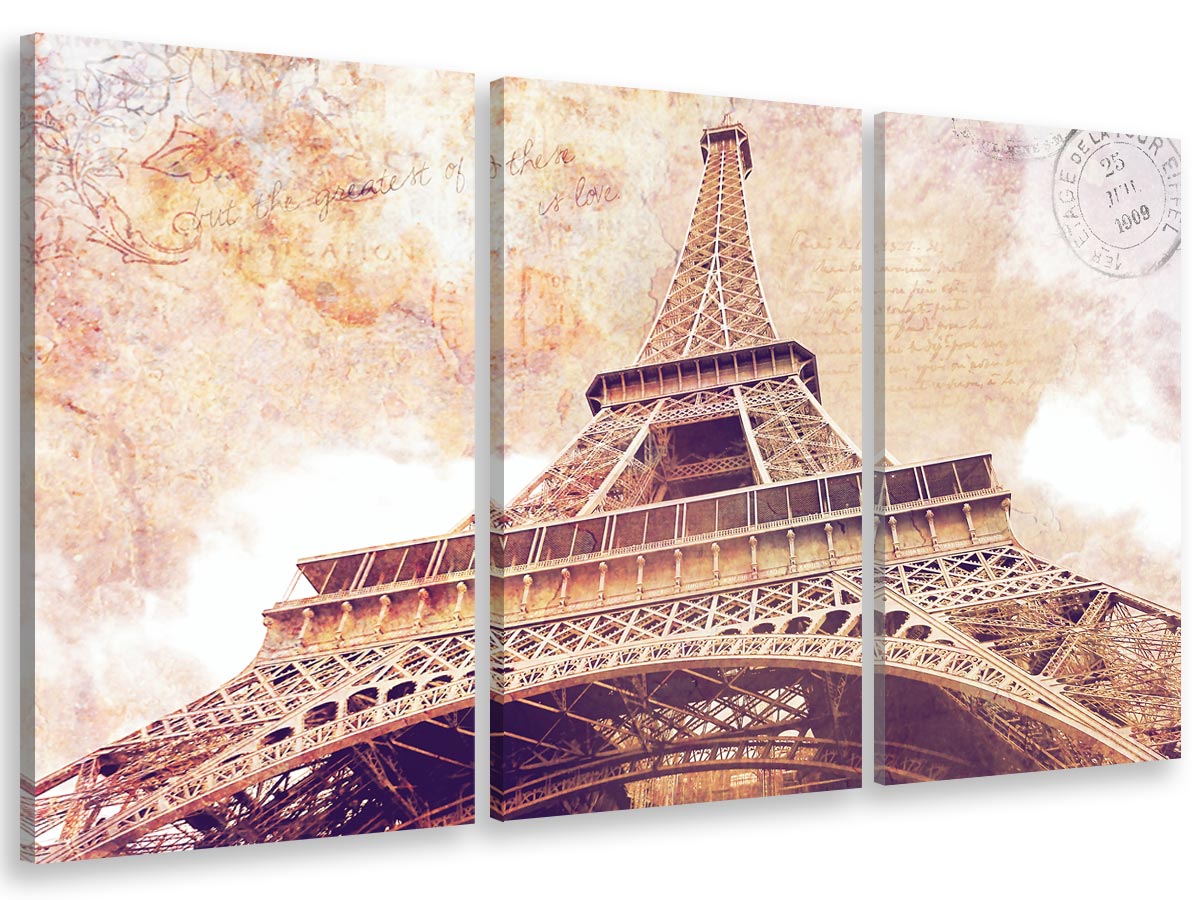 Tableau triptyque deco tour eiffel effet carte postale - 90x60 cm ...