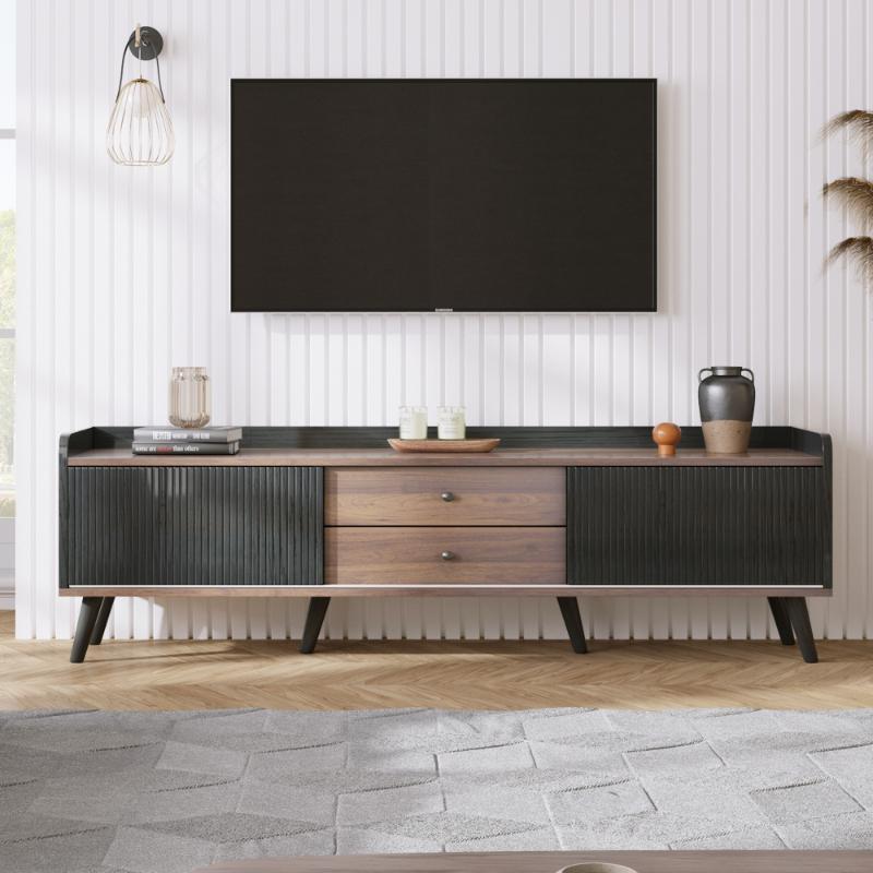 Buffet TV Noir avec 2 Tiroirs et Portes Coulissantes Rayées - Design ...