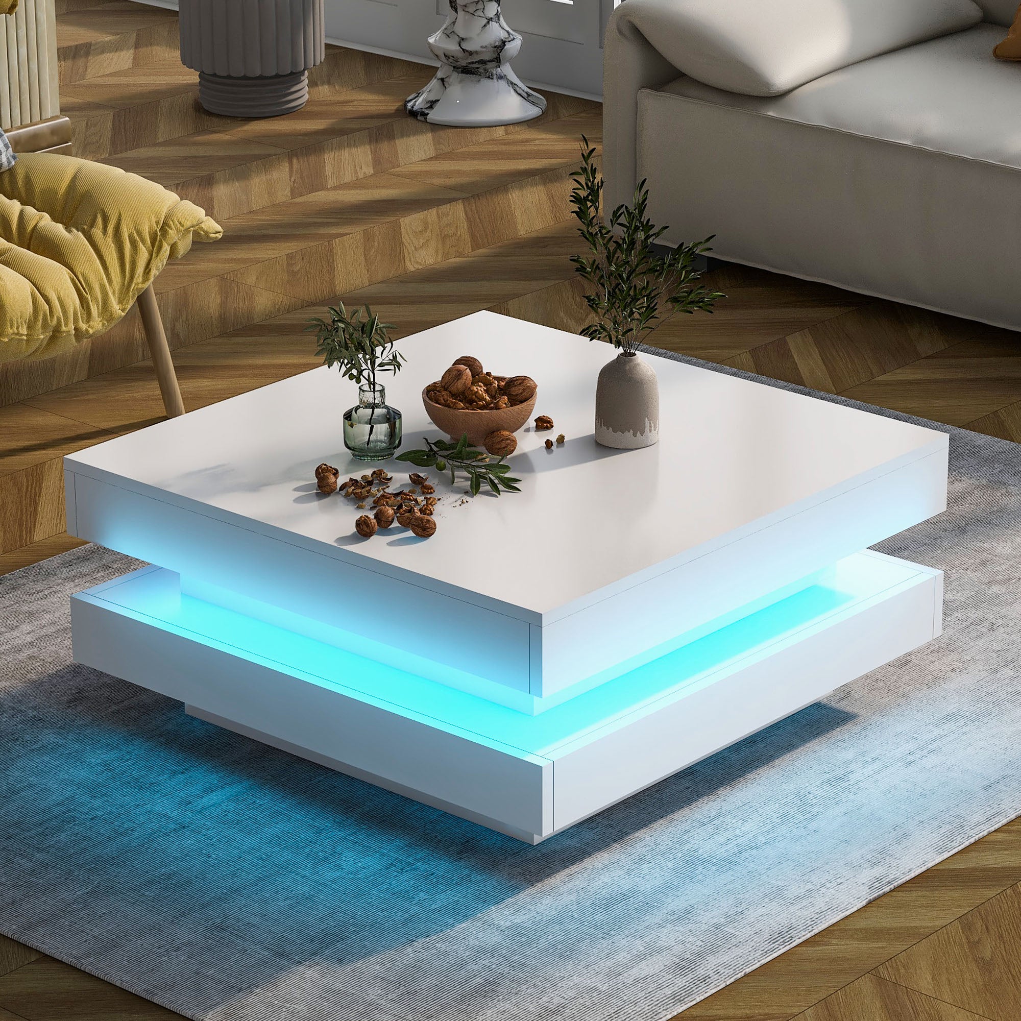 Table basse pivotante avec LED en 16 couleurs - forme carrée - Blanc ...