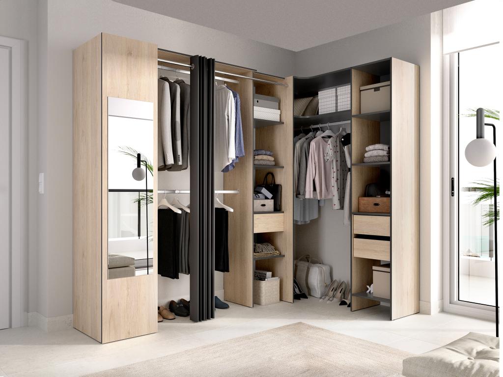 Dressing d'angle avec rideau et 1 porte - Avec miroir - L231 cm ...