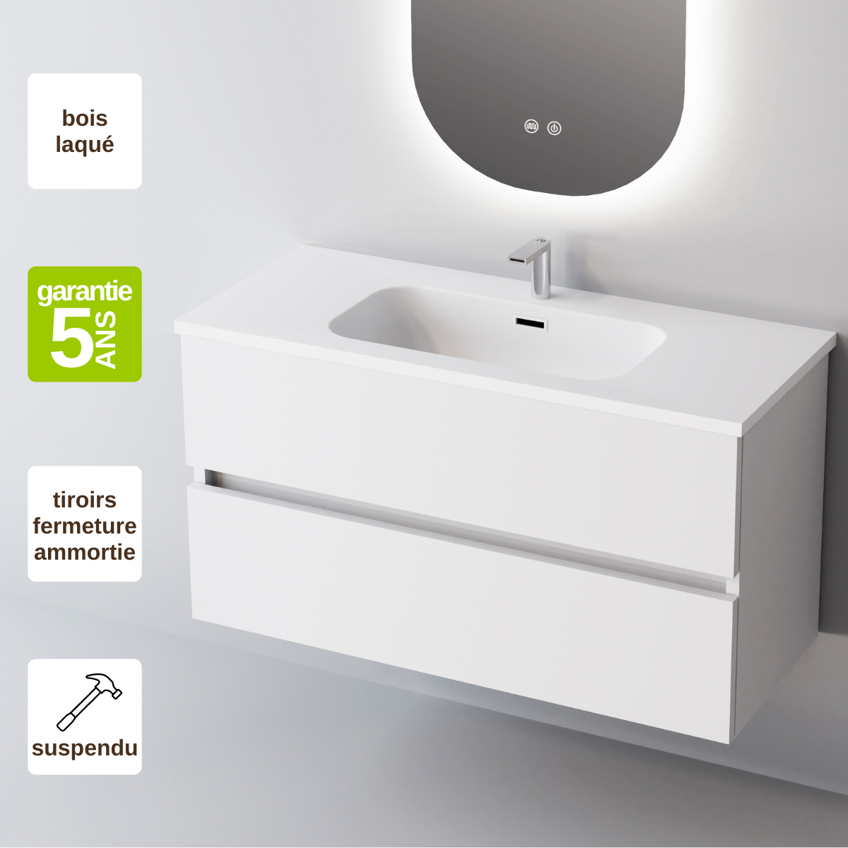 Meuble de Salle de Bain Plan Vasque Solide Surface, 2 Tiroirs,l61xh54xp45, Laqué Blanc Brillant ...