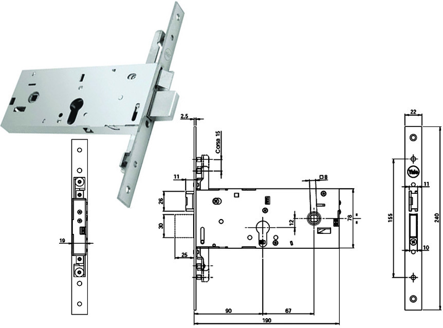 SERRURE À MORTAISE EN MÉTAL Y940 YALE BQ INOX F.MM 22 F.SAGOM. TRIP+SCR H.MM 78 E.MM 90 | Leroy ...